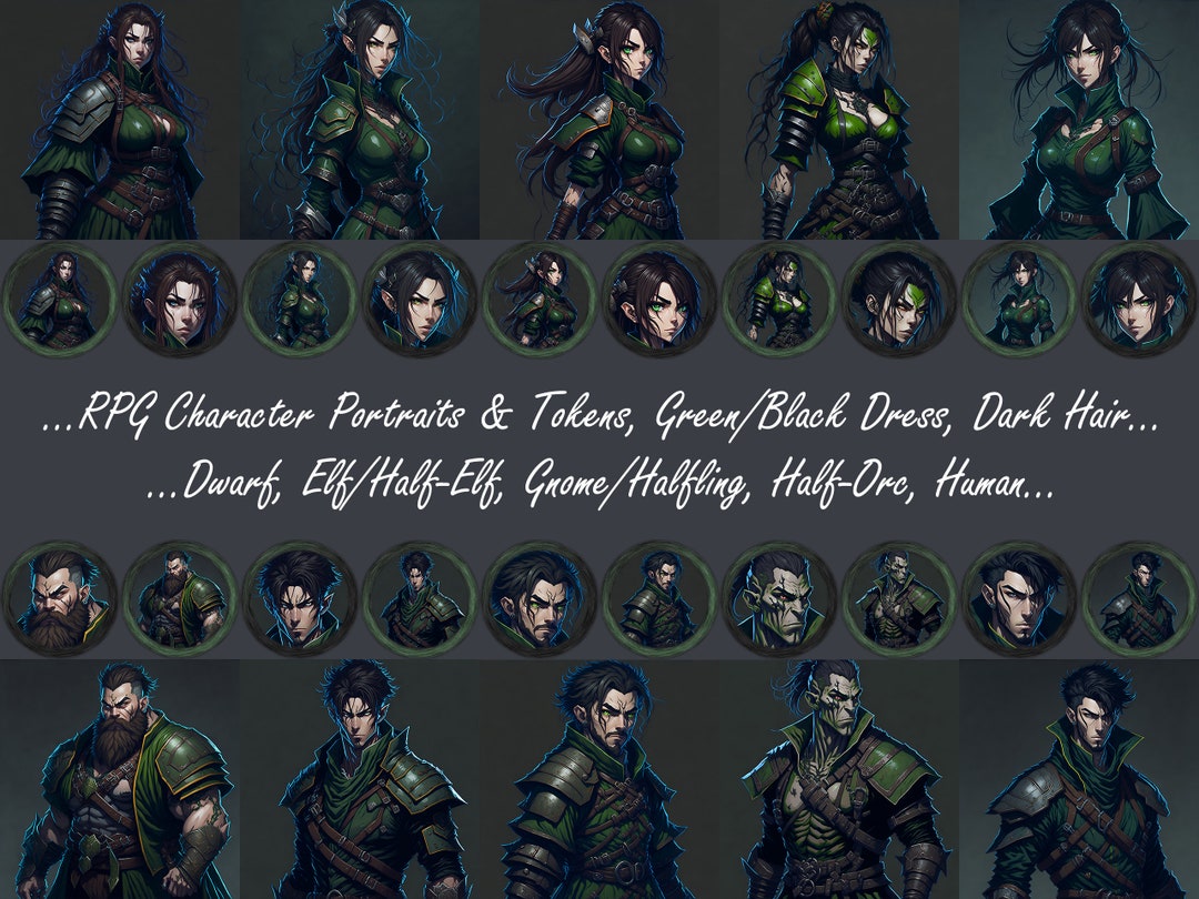 RPG Character Portraits and Token in Green & Black Dress Dark - Etsy