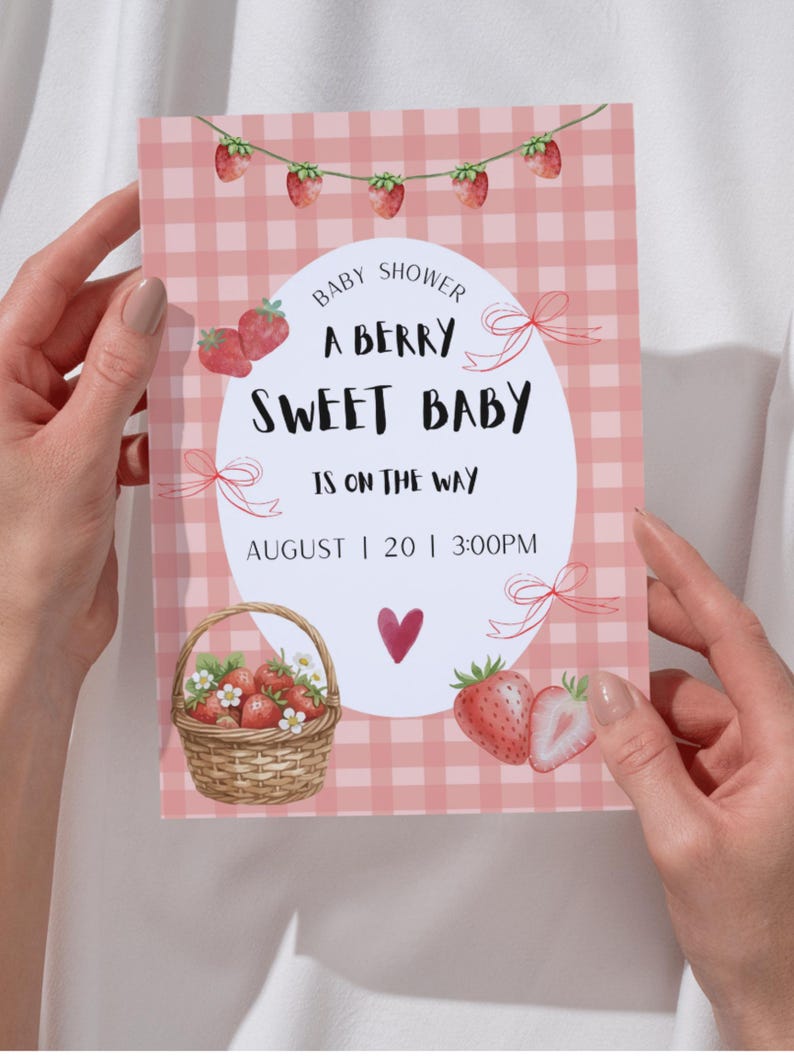 A Berry Sweet Baby Shower Invitation | Pink Gingham, Watercolor ...
