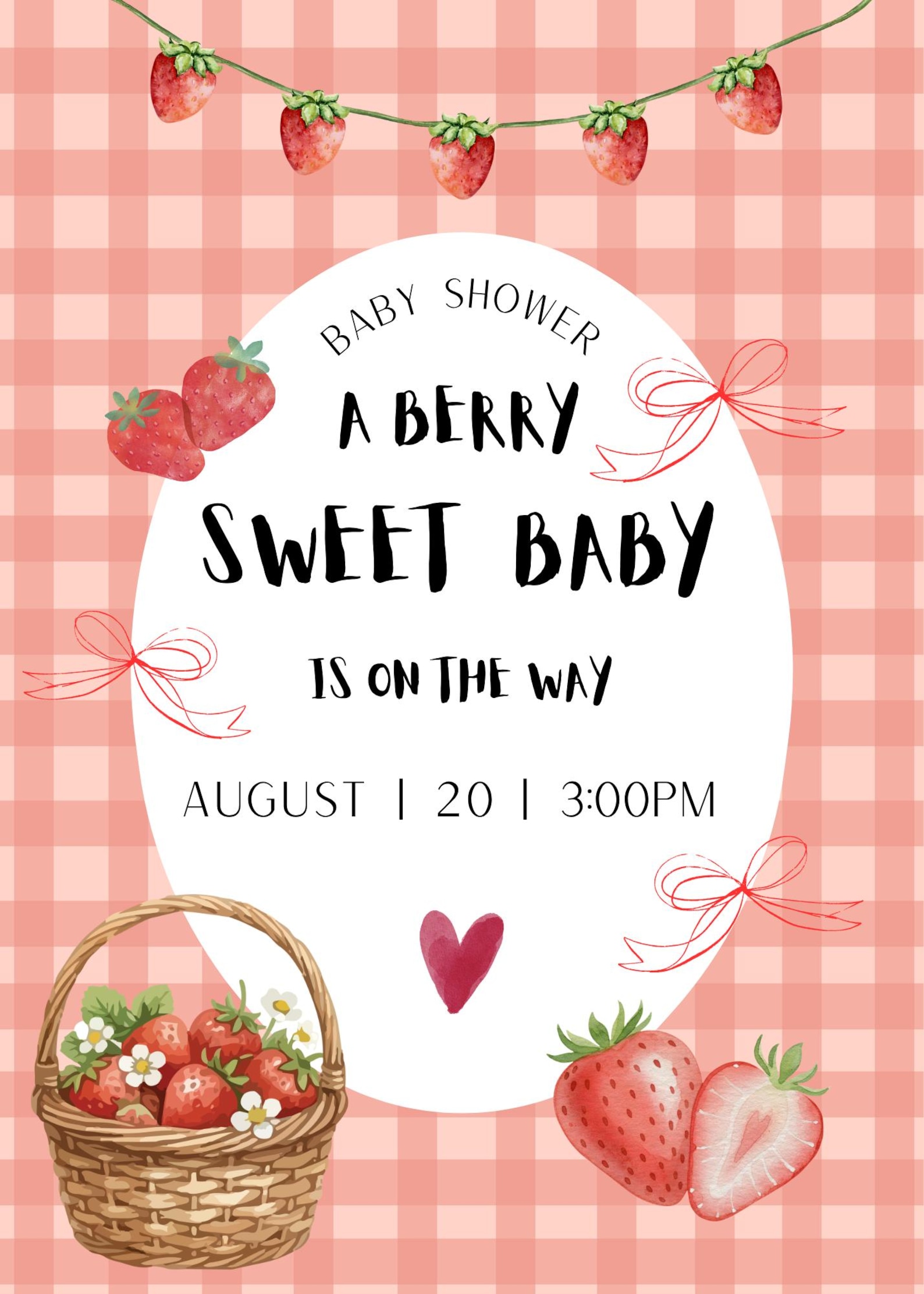 A Berry Sweet Baby Shower Invitation | Pink Gingham, Watercolor ...