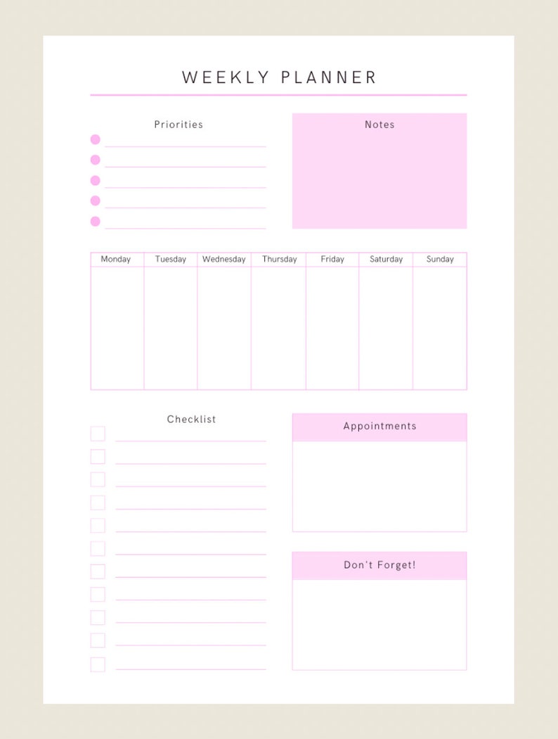 Printable Minimal Weekly Planner / Organiser / Priorities / Notes ...