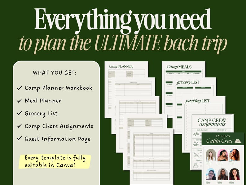 Camp Bachelorette Planning Bundle: Canva Itinerary, Checklist (digital ...
