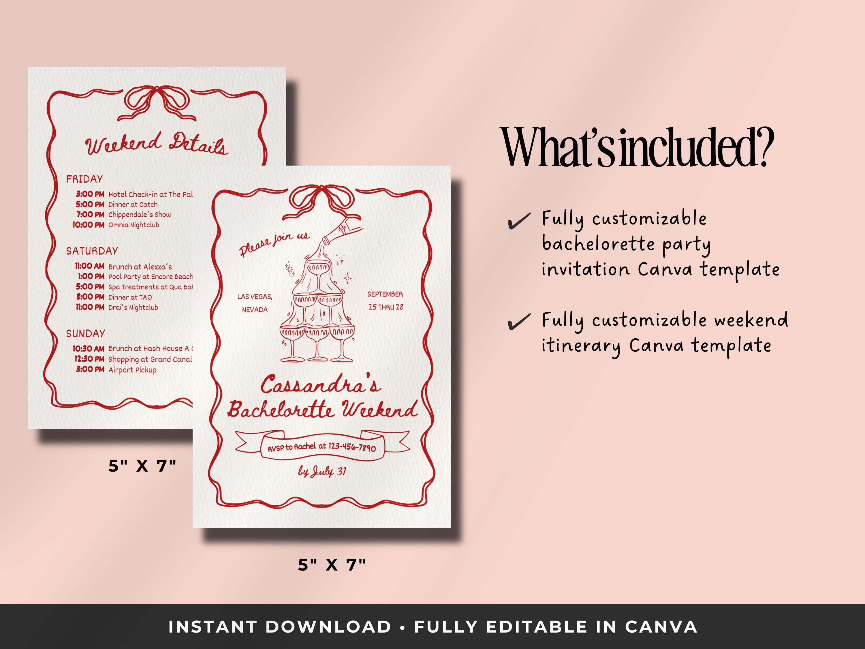 Champagne Bachelorette Invitation Illustrated + Weekend Itinerary ...