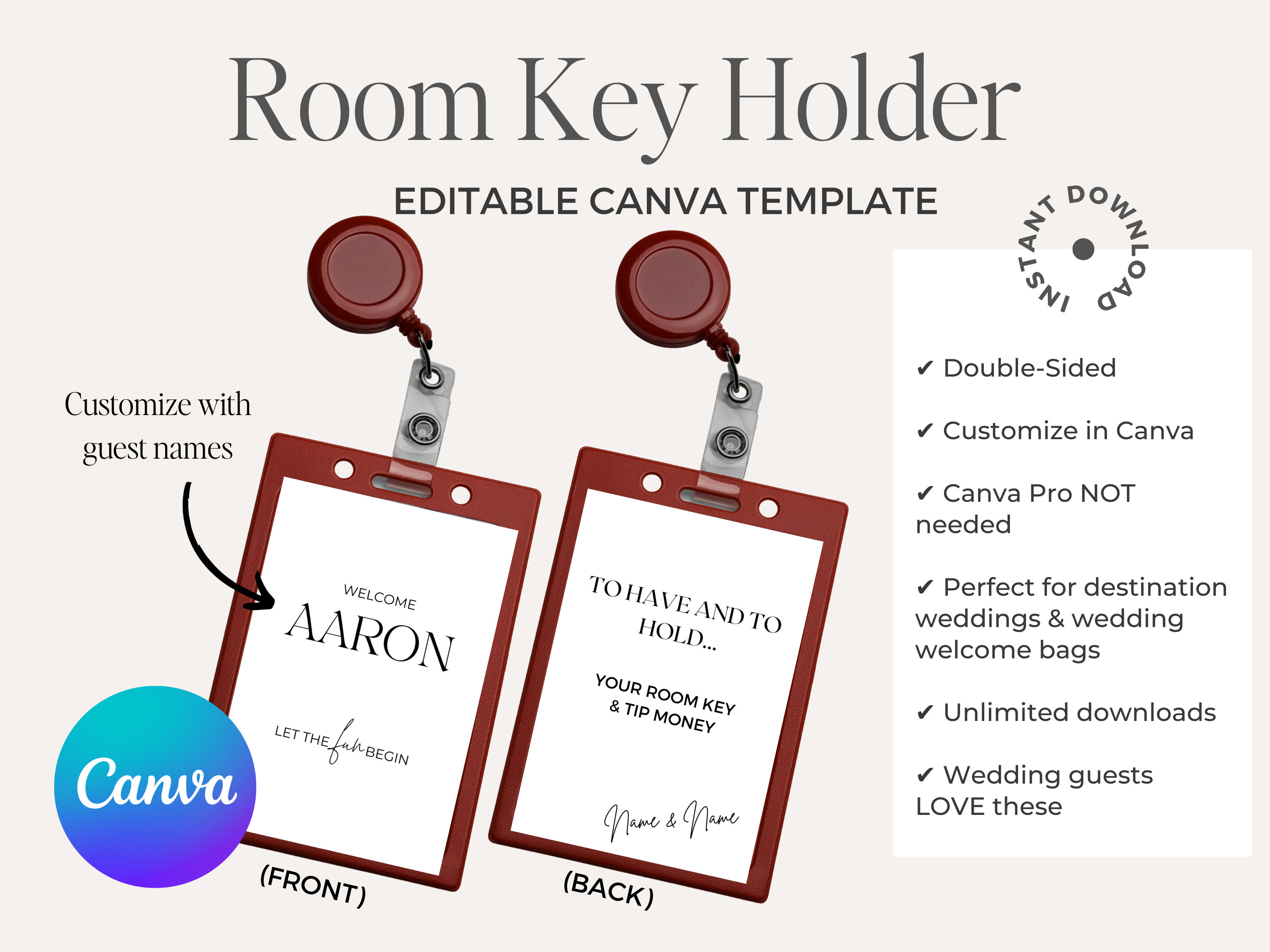 Editable Room Key Card Holder Template: Canva Design (digital Download ...