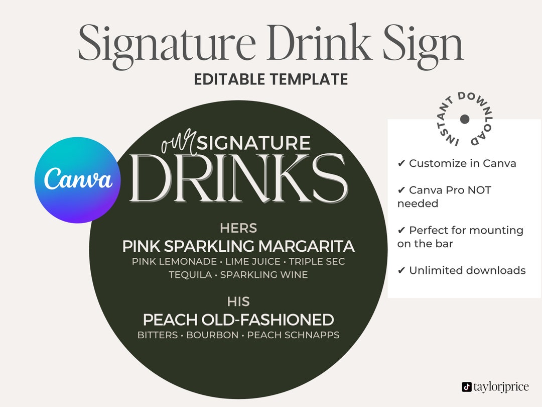 Round Signature Drink Sign Canva Template - Fully Customizable - Etsy