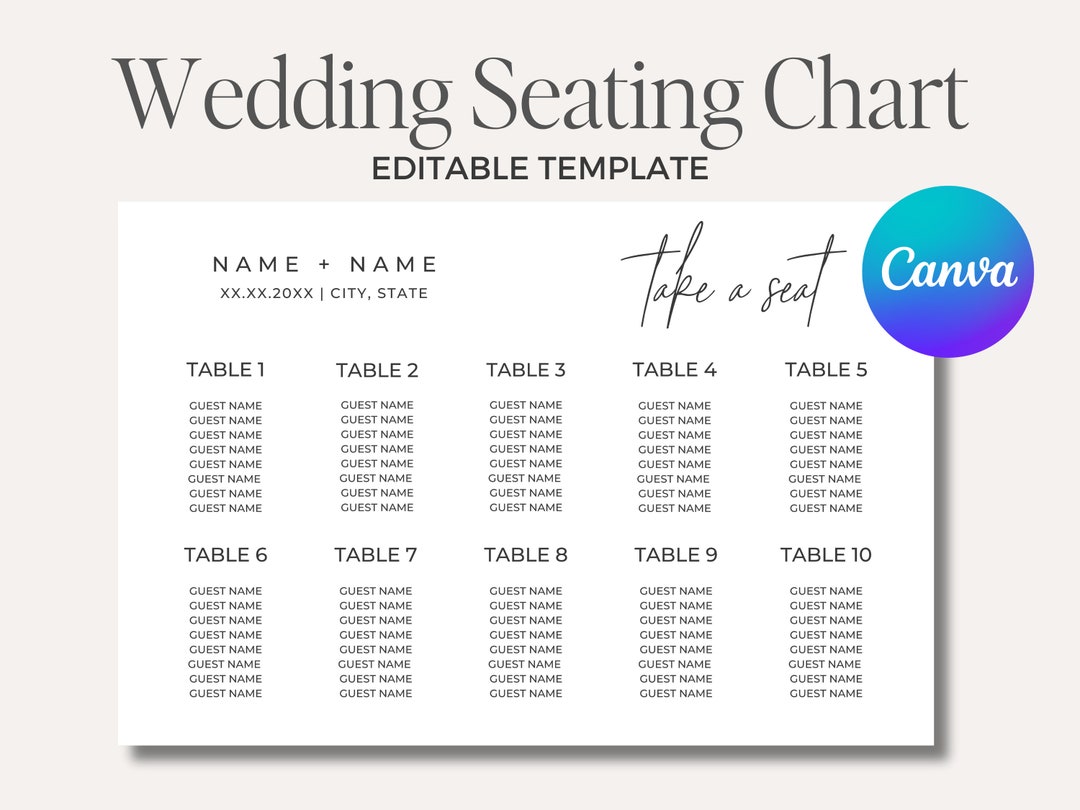 Modern Wedding Guest Seating Chart - Editable Canva Template - Etsy