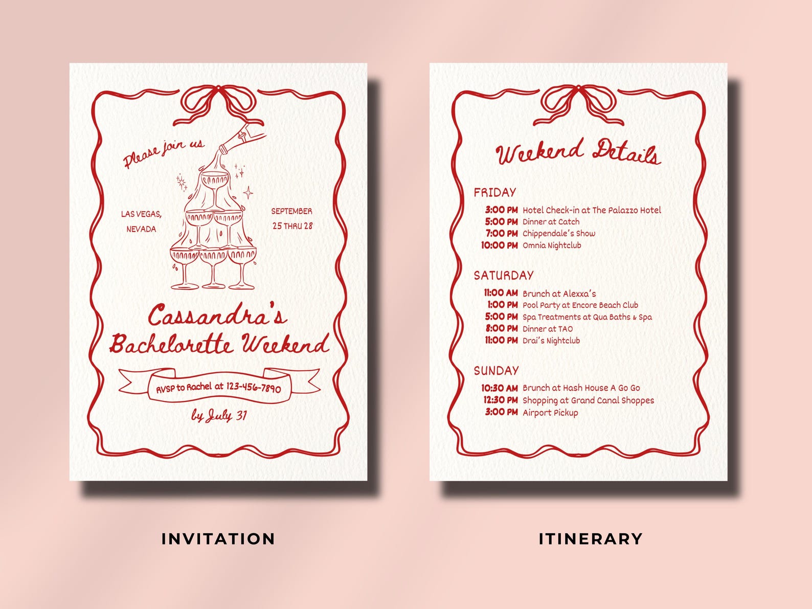 Champagne Bachelorette Invitation Illustrated + Weekend Itinerary ...
