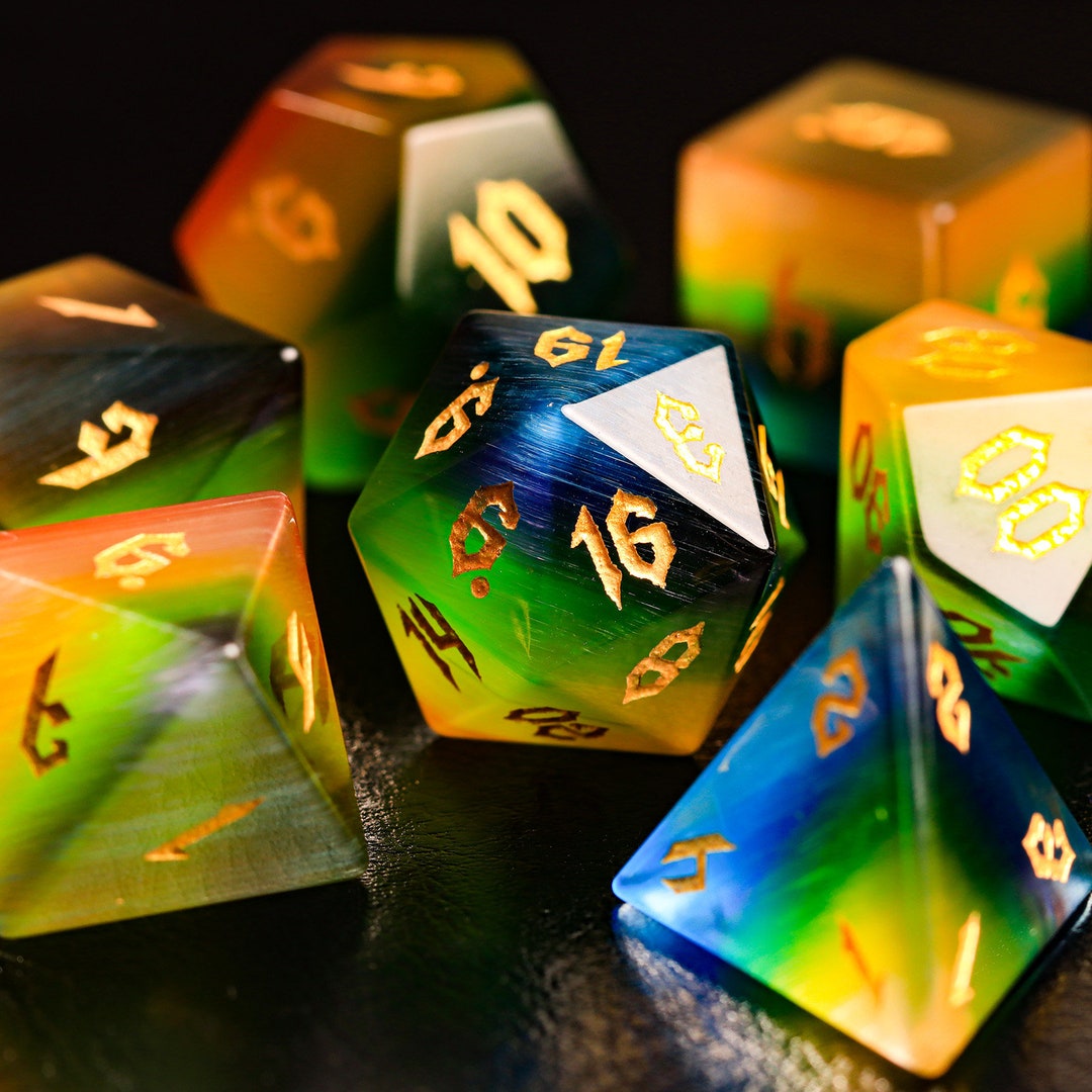 Full Set Rainbow Opal Dnd Dice Set Handmade Cat's Eye Gemtone Dice Set ...