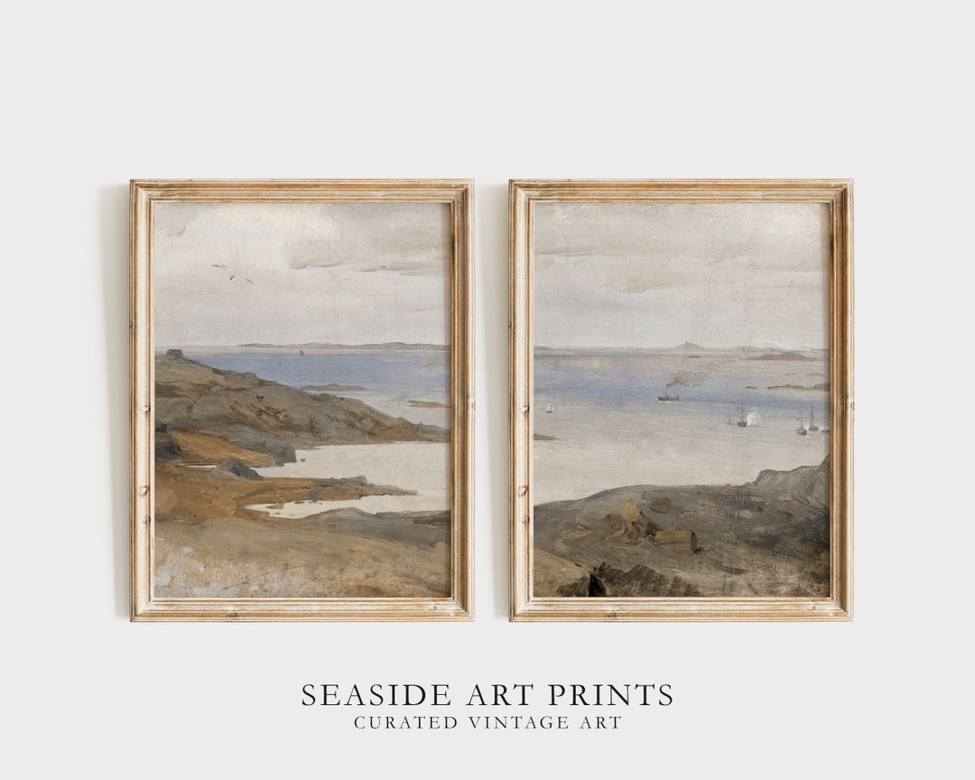 Vintage Seascape Art Print Set of Two, Seaside Painting, Neutral Ocean ...