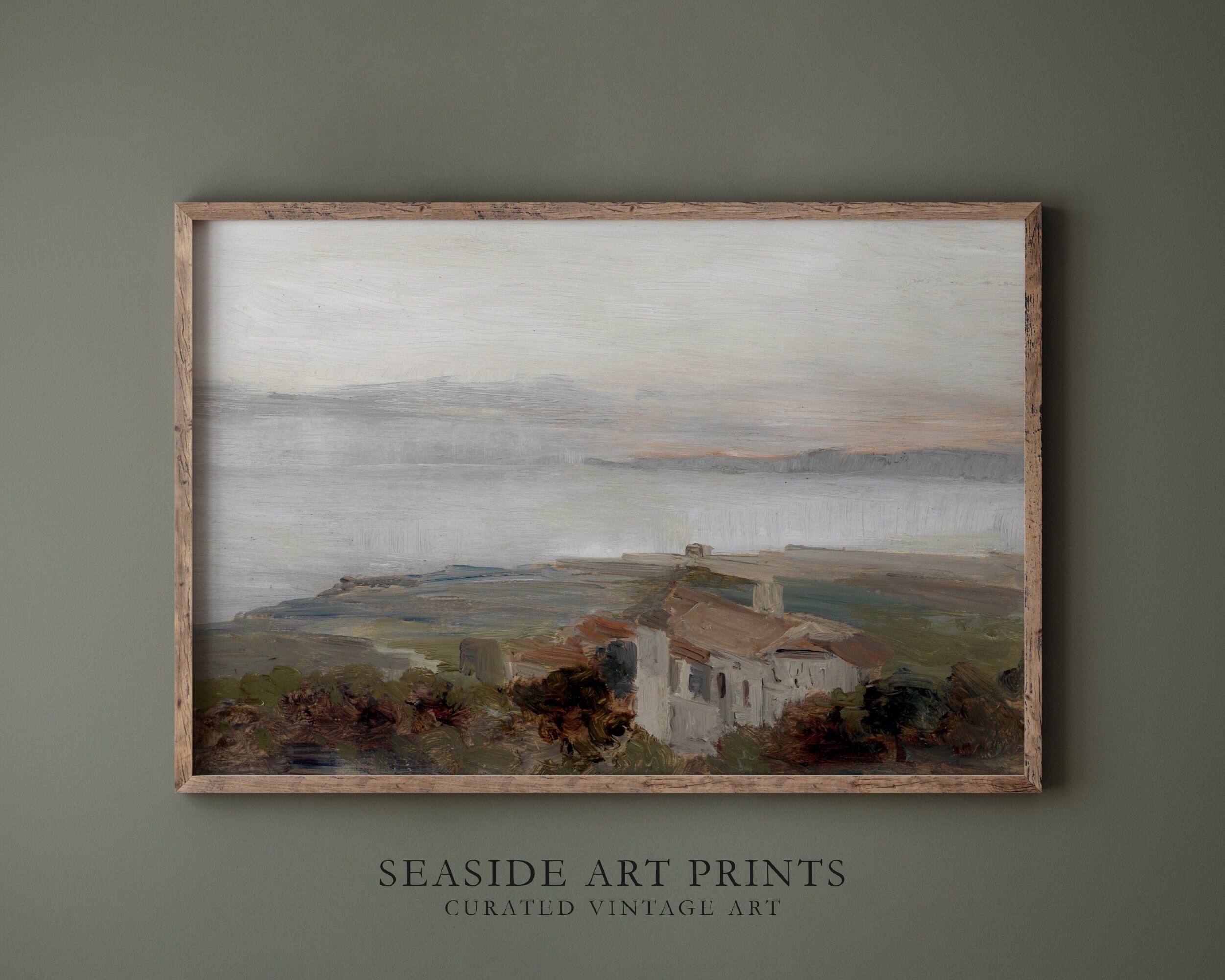 Muted Coastal Art Print - Antique Seaside House Oil Painting, Neutral ...