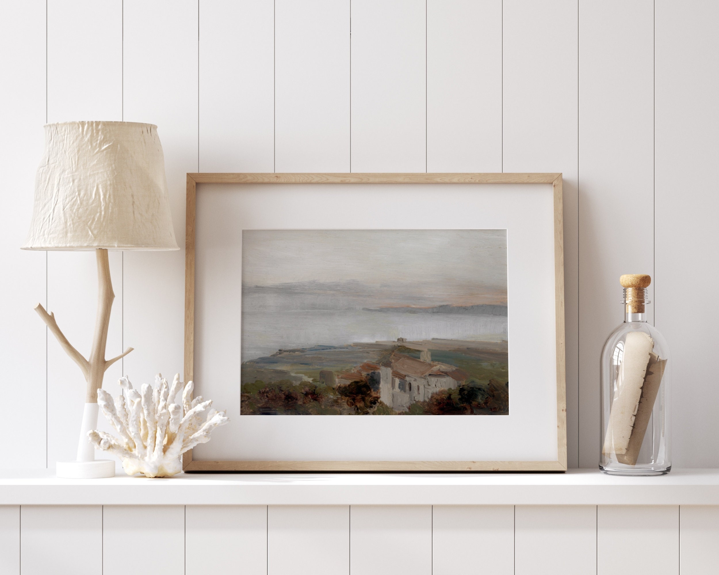 Muted Coastal Art Print - Antique Seaside House Oil Painting, Neutral ...