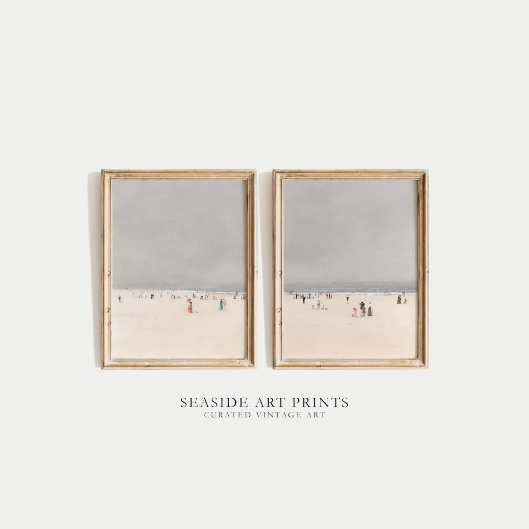 Vintage Seaside Print, Set of Two, Antique Beach Oil Painting, Soft ...