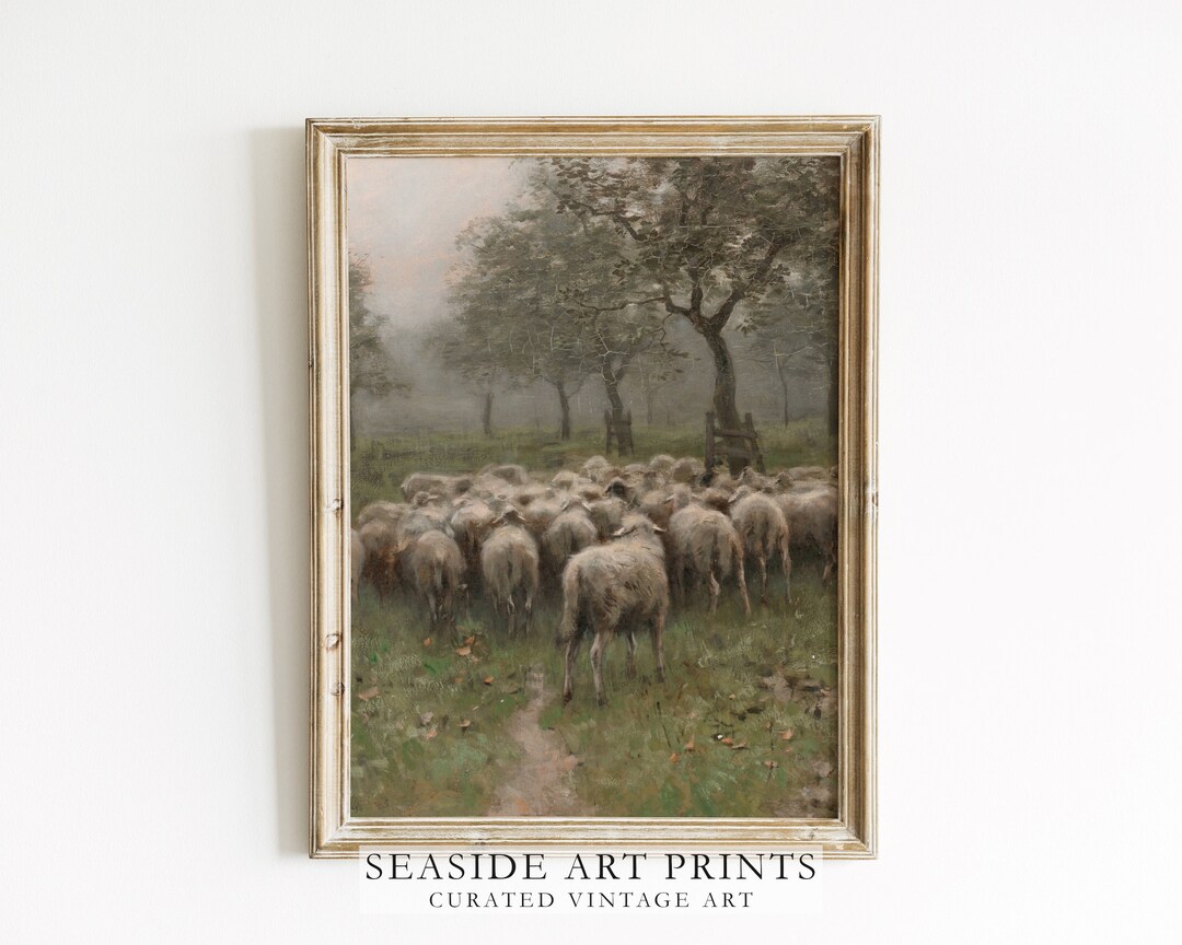 Vintage Sheep Art Print Moody Spring Oil Painting, Soft Tones Wall Art, Muted Farmhouse Decor ...