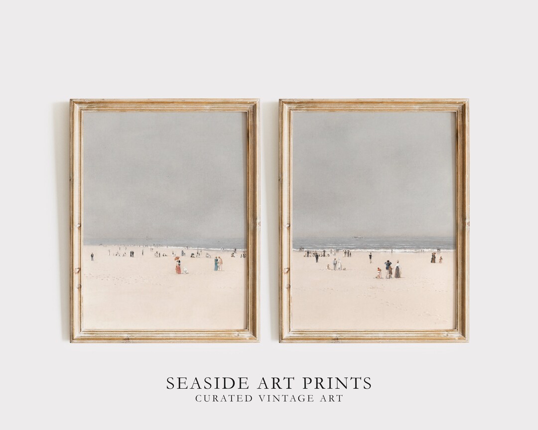 Vintage Seaside Print, Set of Two, Antique Beach Oil Painting, Soft ...