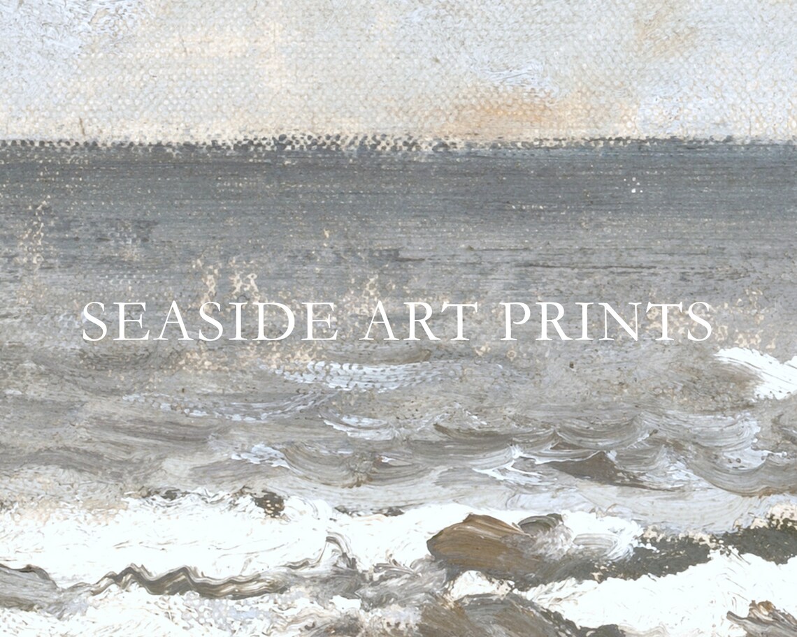 Muted Seaside Art Print - Antique Beach Oil Painting, Coastal Seascape ...