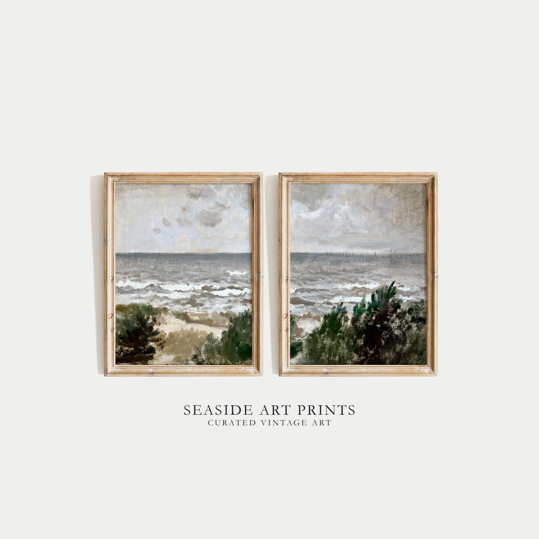 Muted Beach Art Print - Set of Two, Antique Seaside Oil Painting ...