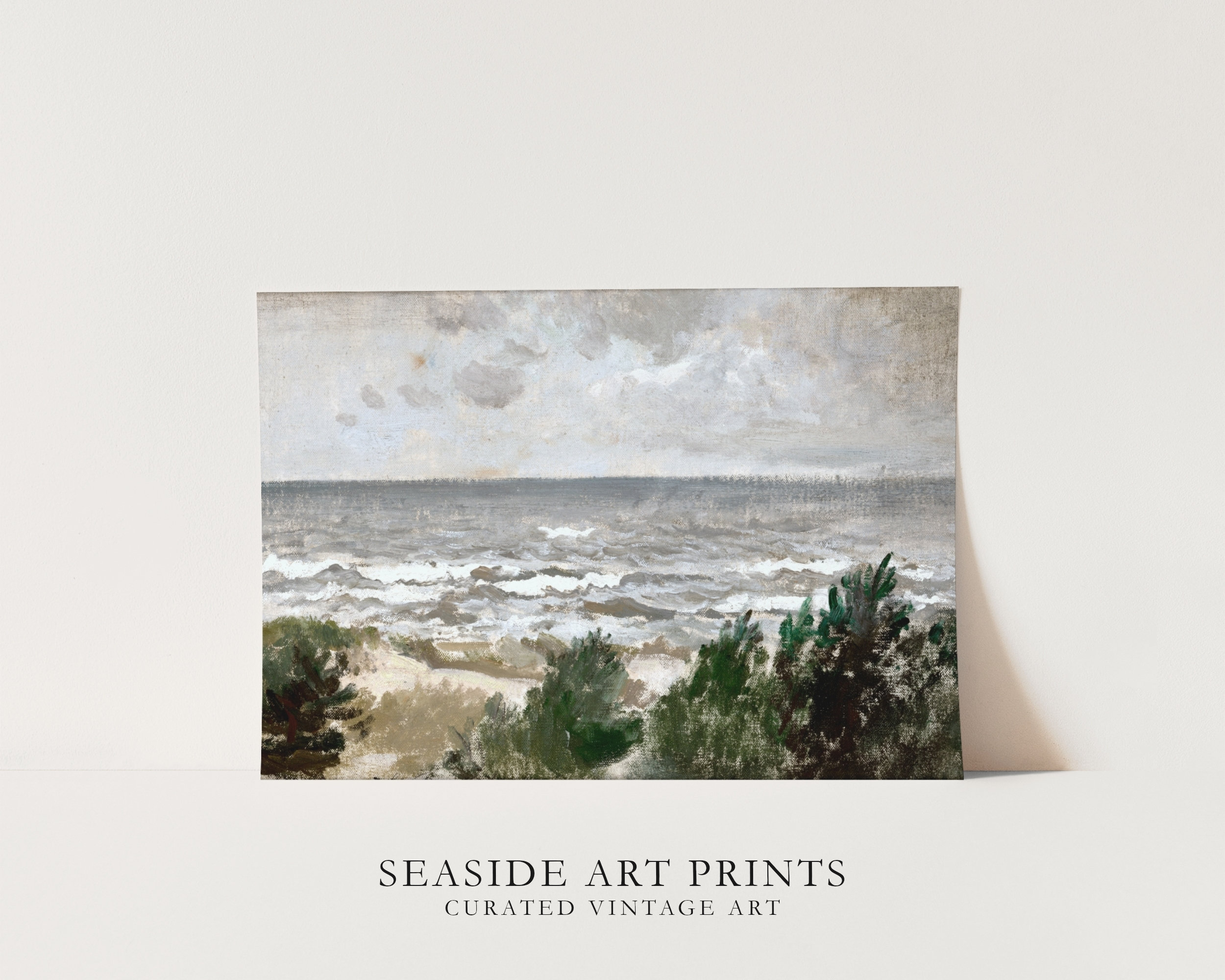 Muted Seaside Art Print - Antique Beach Oil Painting, Coastal Seascape ...