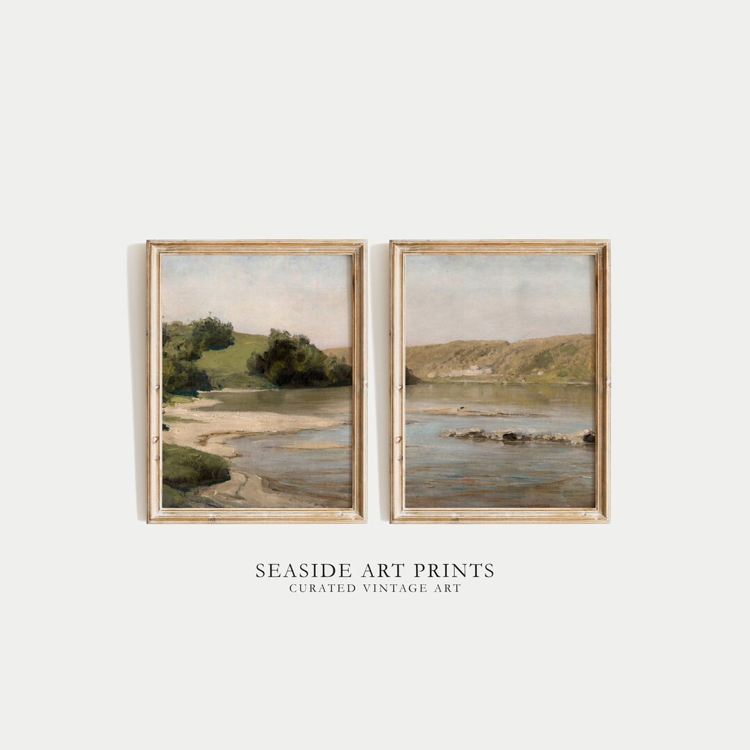 Vintage River Art Print - Set of Two, River Landscape Oil Painting ...