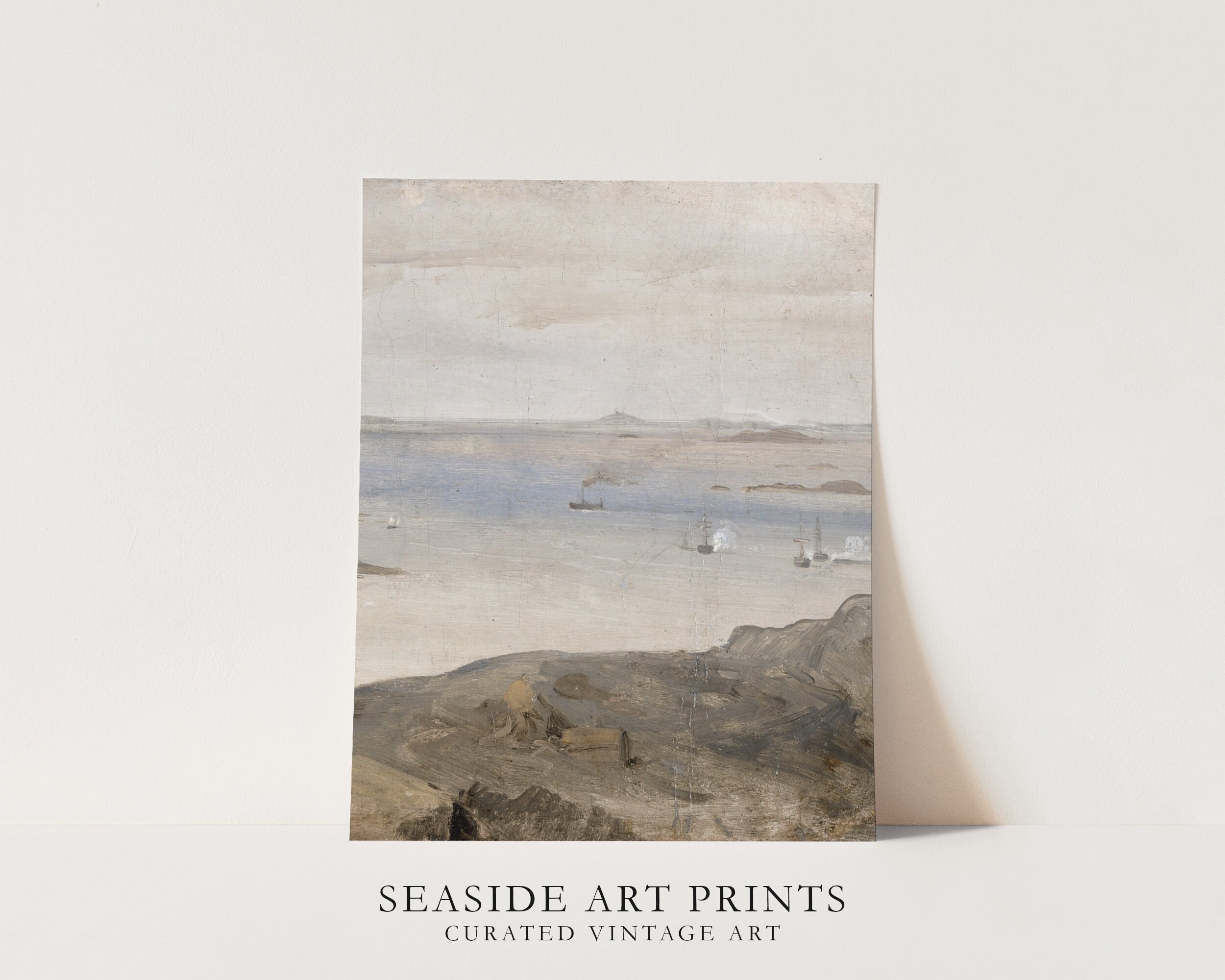 Vintage Seascape Art Print Set of Two, Seaside Painting, Neutral Ocean ...