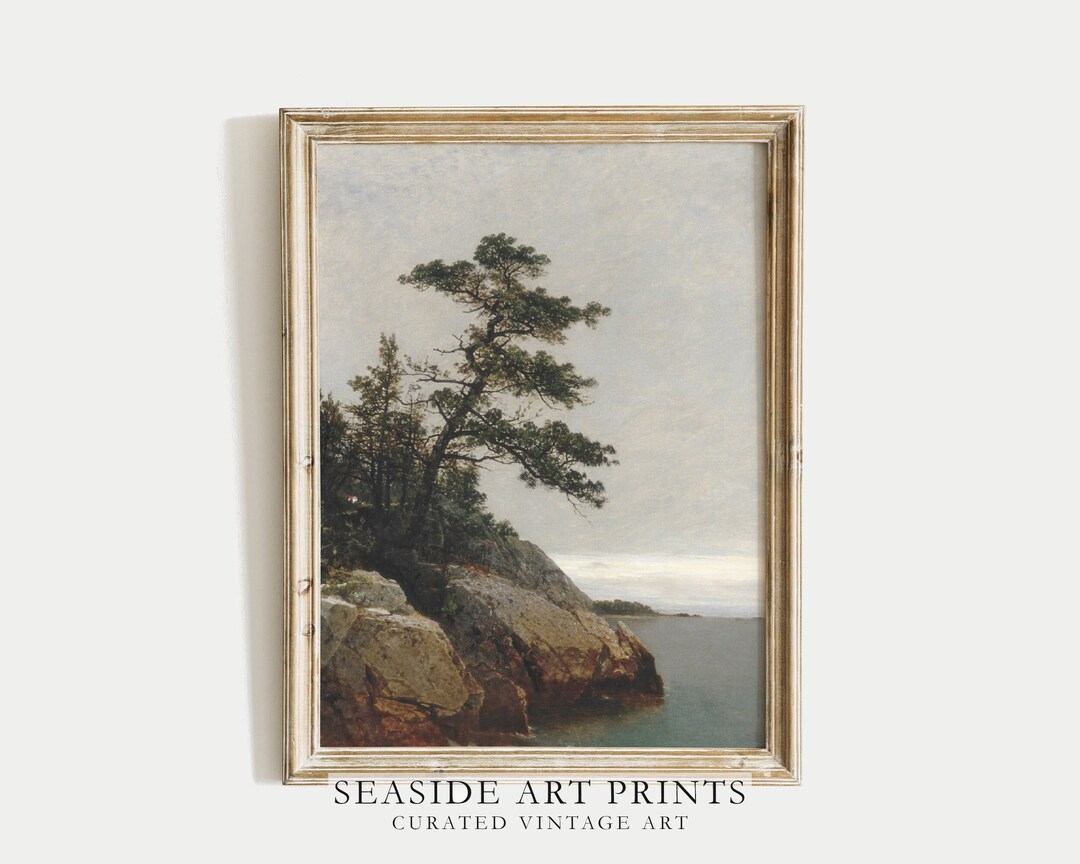 Muted Seaside Art Print - Vintage Pine Tree Oil Painting, Soft Tones ...