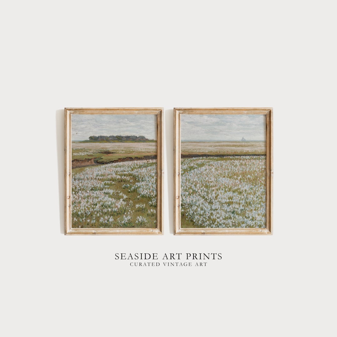 Antique Spring Meadow Art Print - Set of Two, Vintage Landscape Oil ...