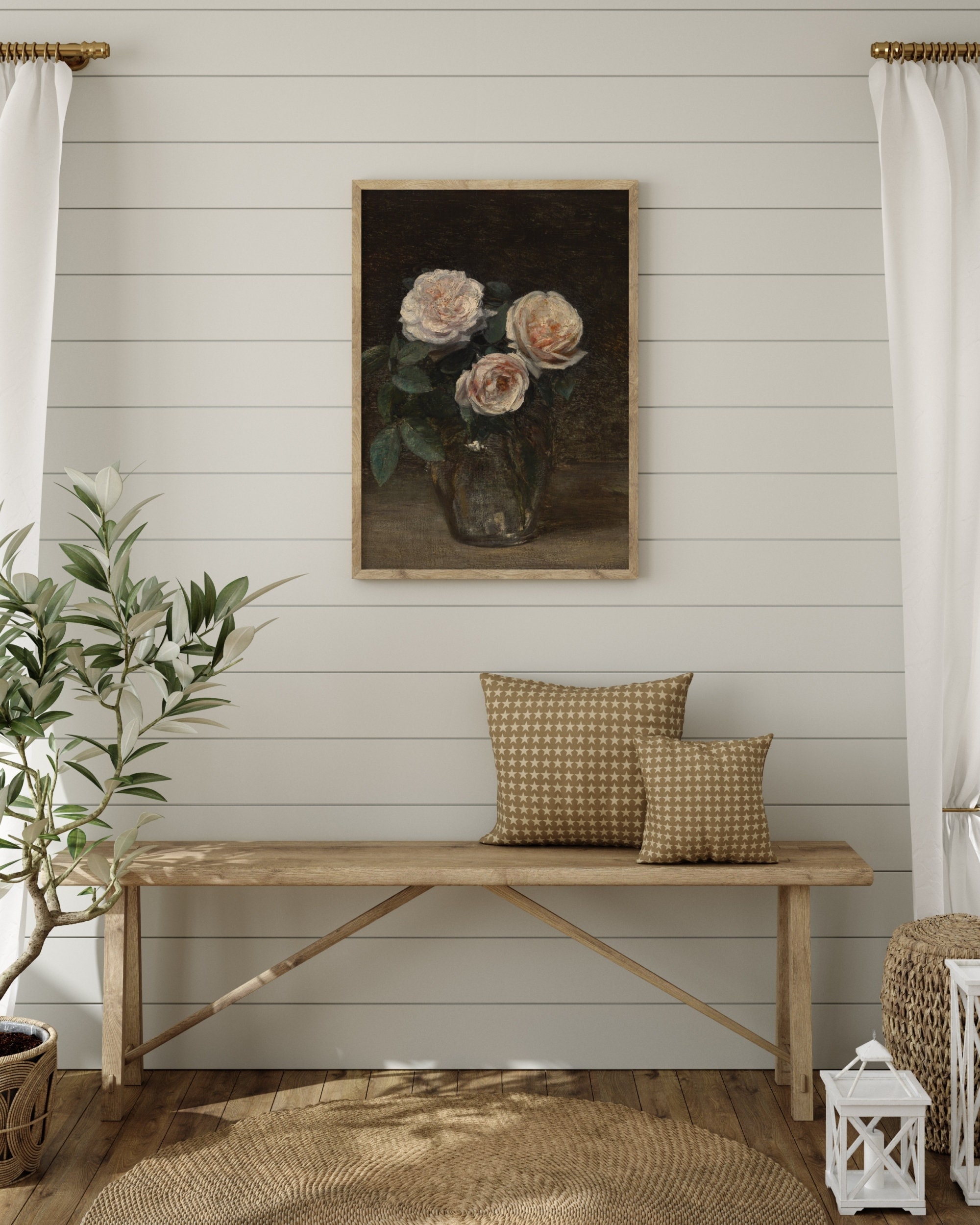 Muted Roses Bouquet Art Print - Vintage Flower Oil Painting, Neutral ...