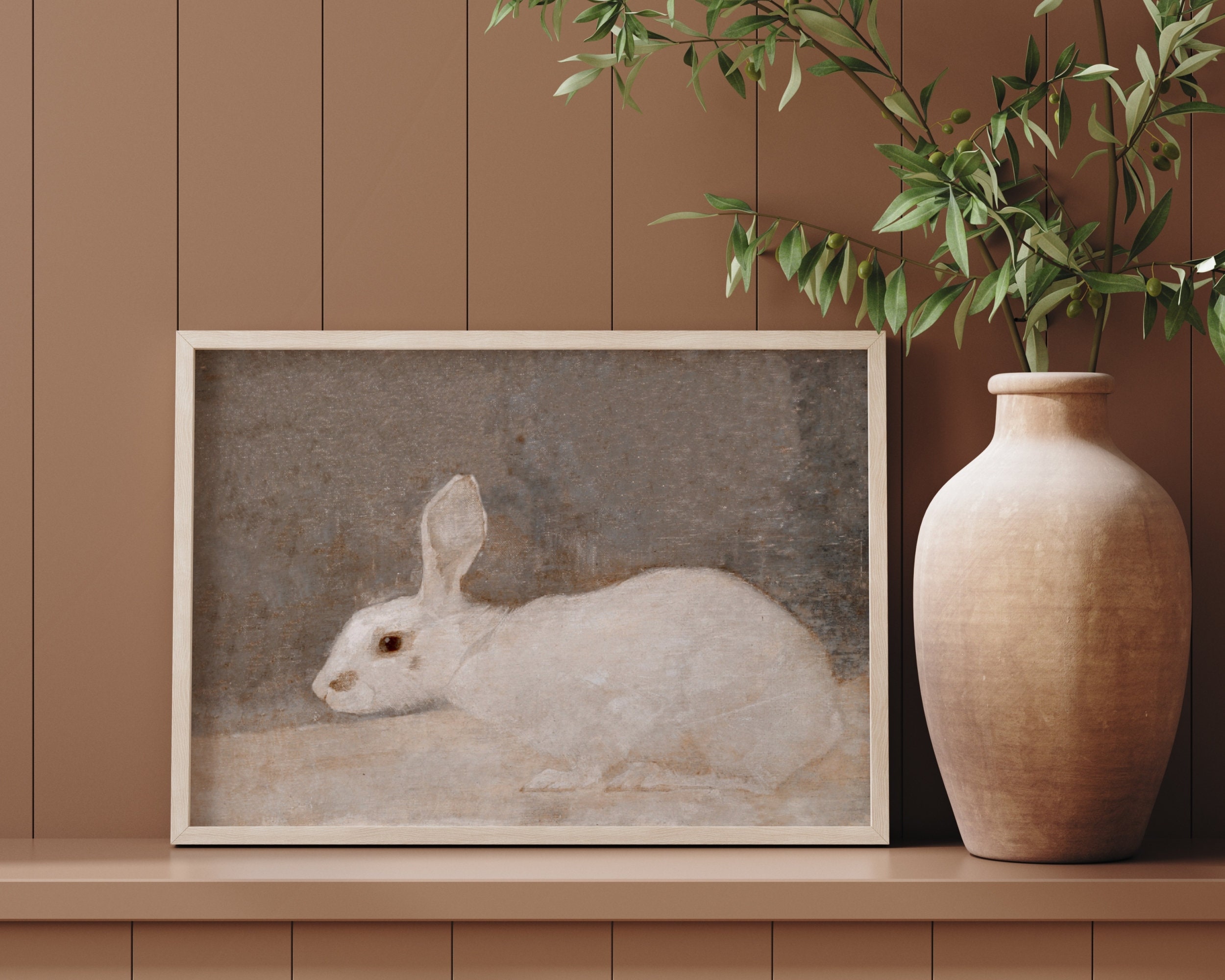 Vintage Rabbit Art Print -moody Bunny Painting, Neutral Still Life ...