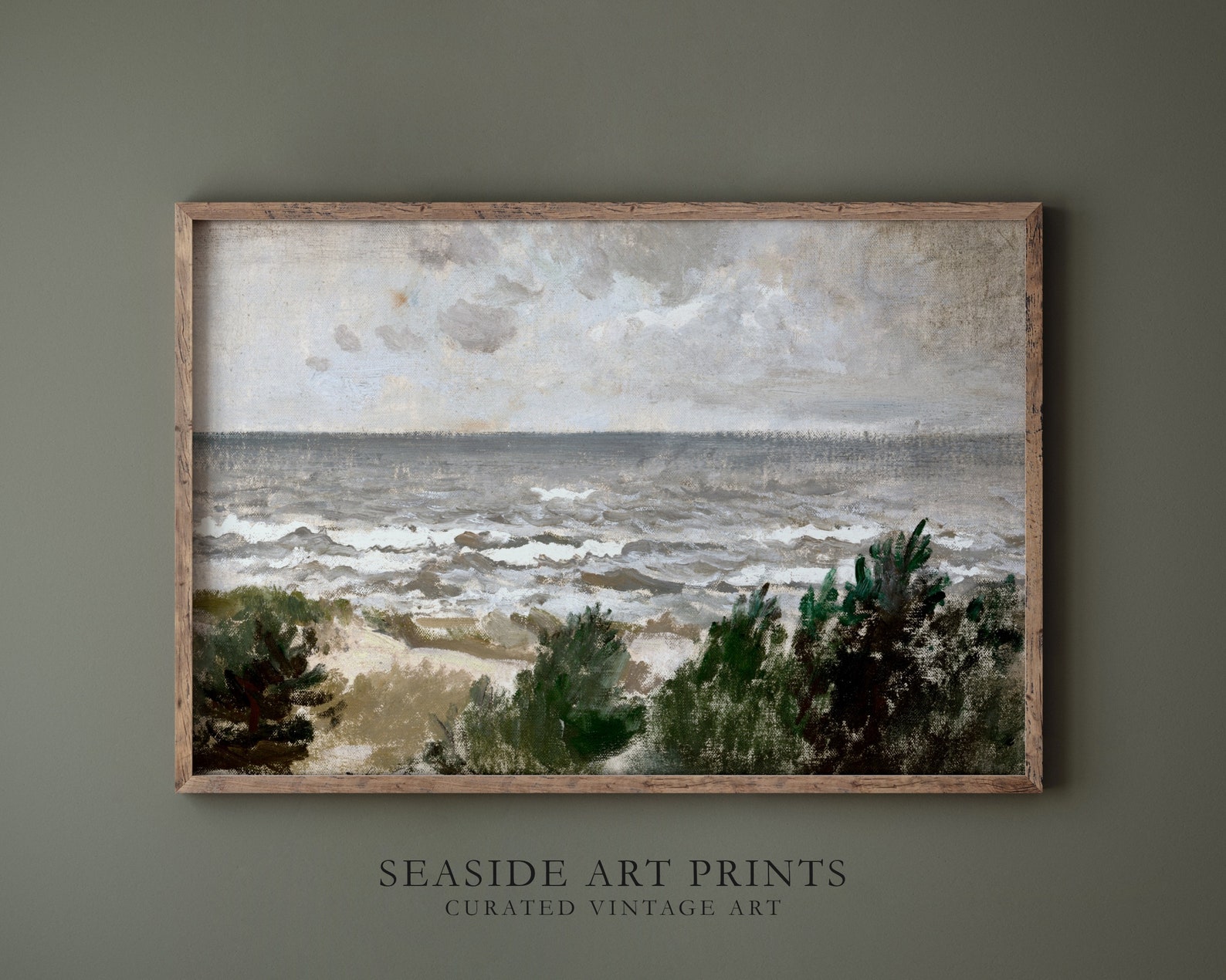 Muted Seaside Art Print - Antique Beach Oil Painting, Coastal Seascape ...