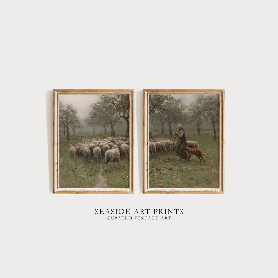 Antique Sheep Art Print - Set of Two, Vintage Spring Painting, Neutral ...
