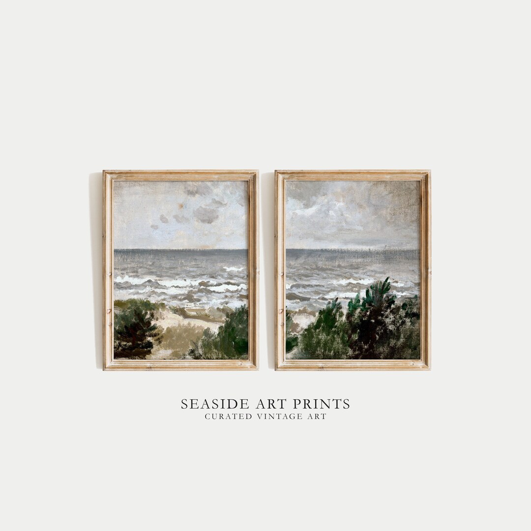 Vintage Beach Art Print - Set of Two, Antique Coastal Oil Painting ...