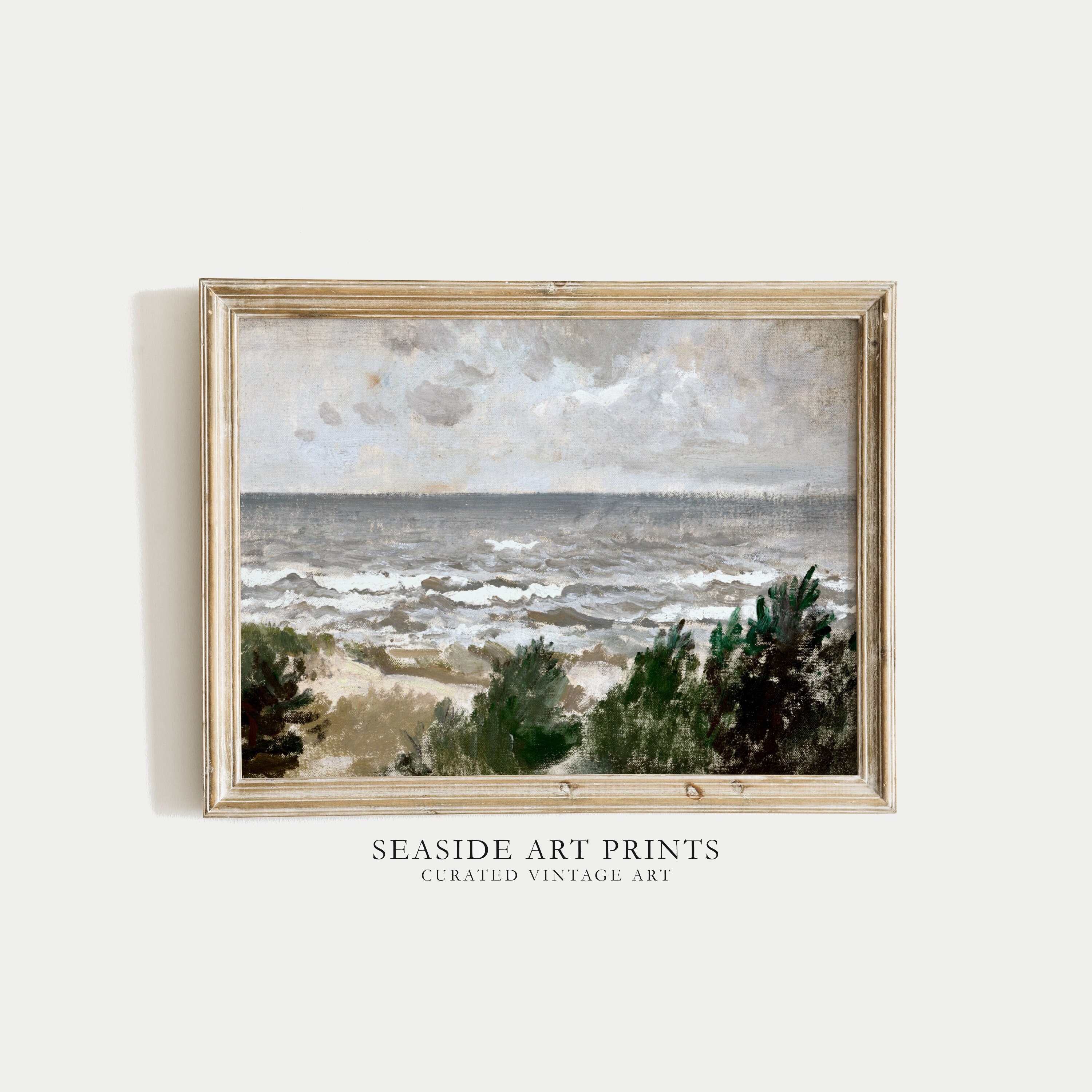 Muted Seaside Art Print - Antique Beach Oil Painting, Coastal Seascape ...