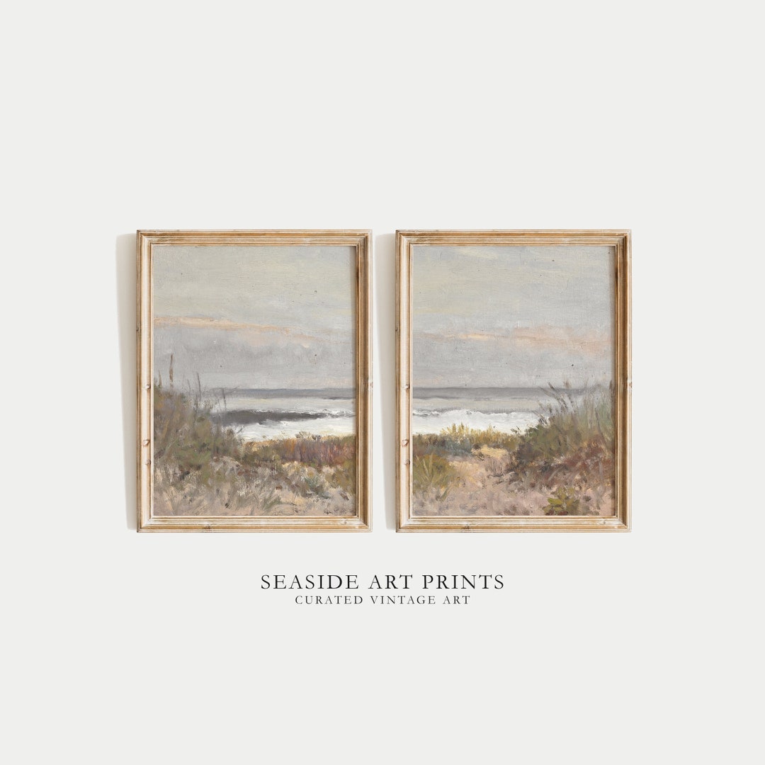 Muted Seaside Art Print Set - Set of Two Print, Antique Beach Oil ...