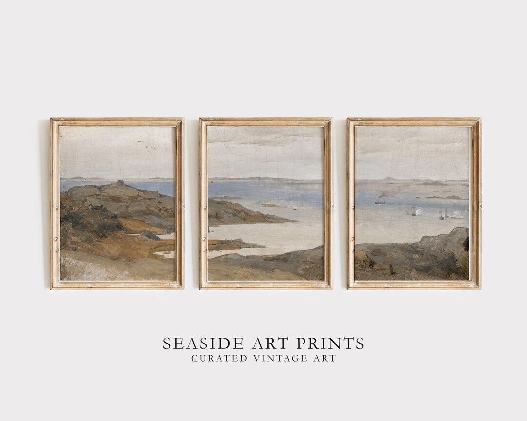 Antique Seaside Art Print Set of Three, Vintage Nautical Landscape ...