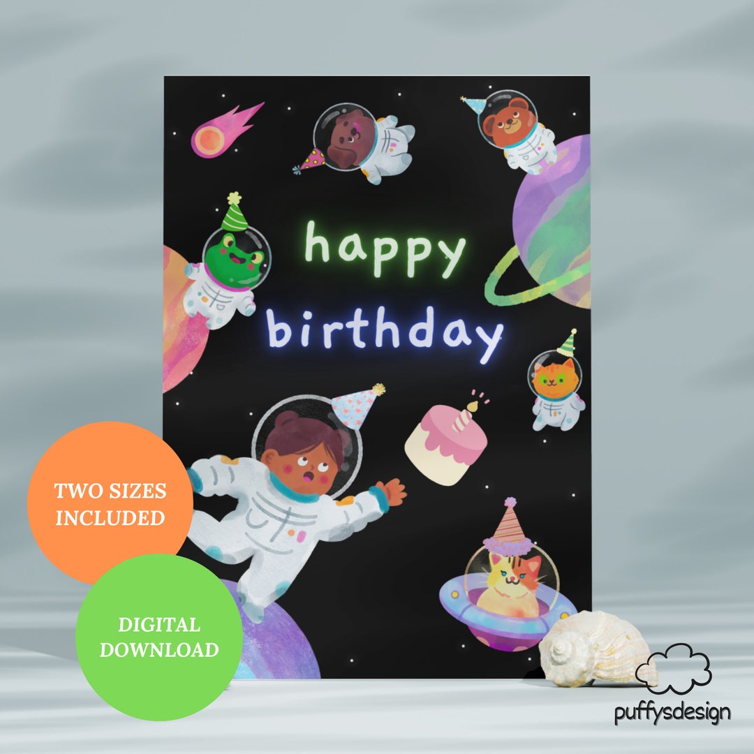 Colorful Space Happy Birthday Astronaut Card US Letter & A6 Sizes PDF ...