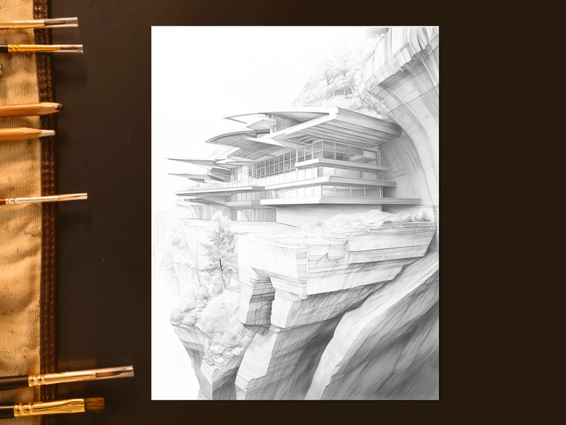 Modern Cliff Houses Adult Coloring Pages, Nature Landscape Grayscale ...