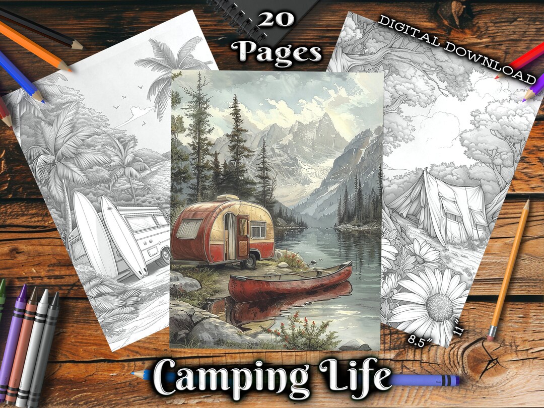 Camping Life Adult Coloring Pages, Nature Landscapes Grayscale Coloring ...