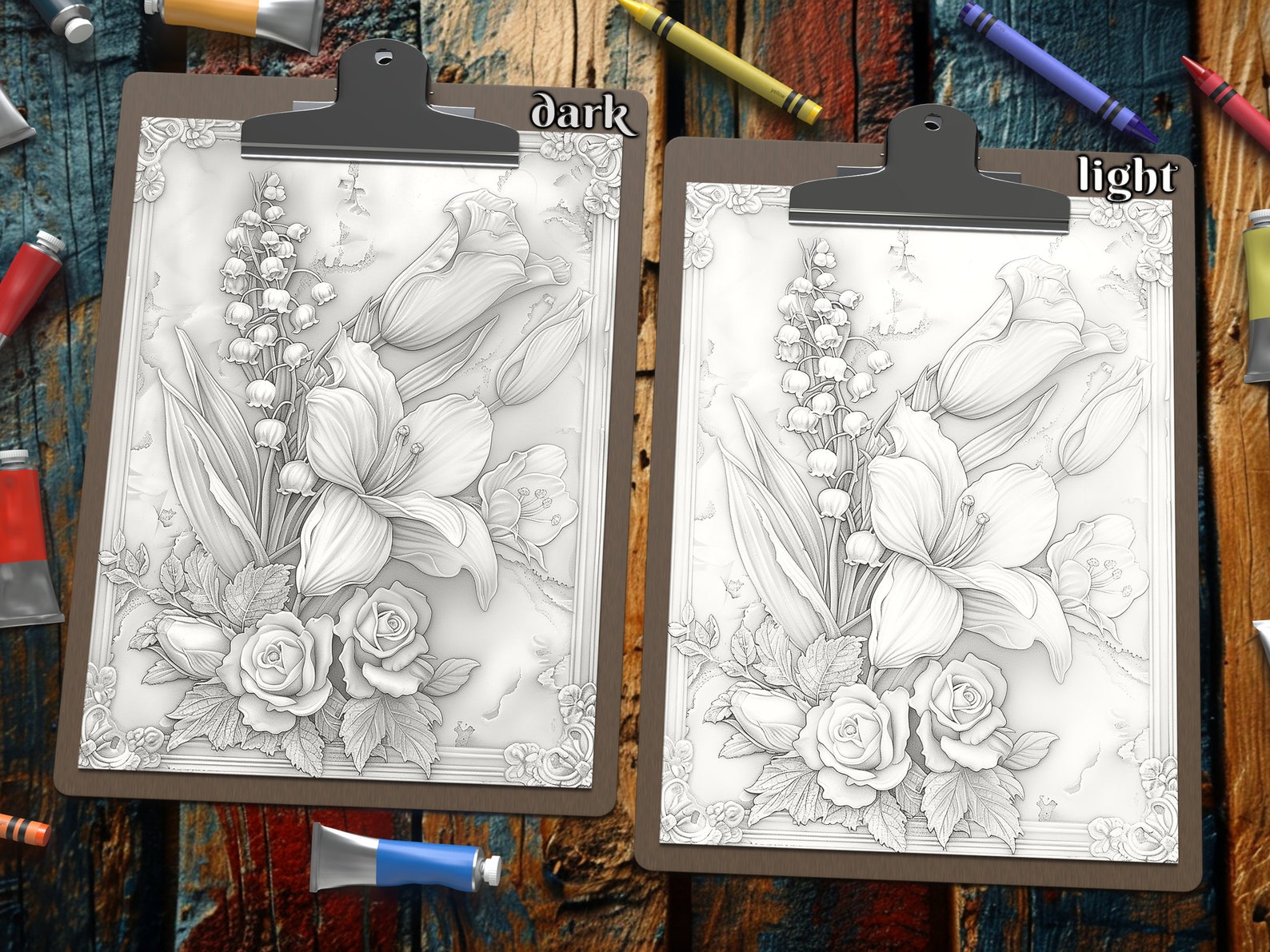 Vintage Floral Paper Adult Coloring Pages, Flower Bouquets Grayscale ...