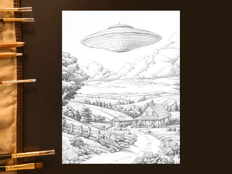 UFO Adult Coloring Pages, Science Fiction Ufos Landscape Grayscale ...