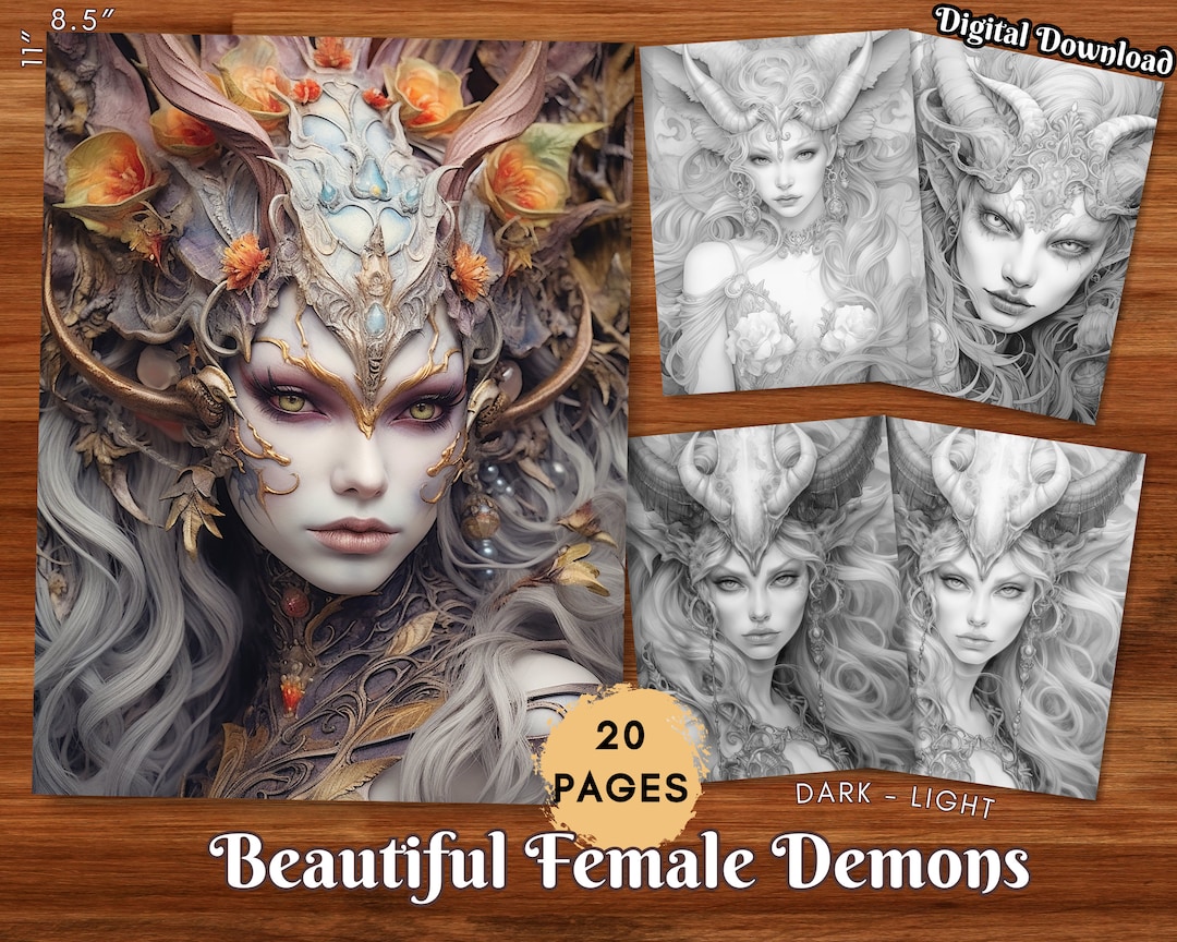 Beautiful Female Demons Adult Coloring Book Grayscale Coloring Page ...