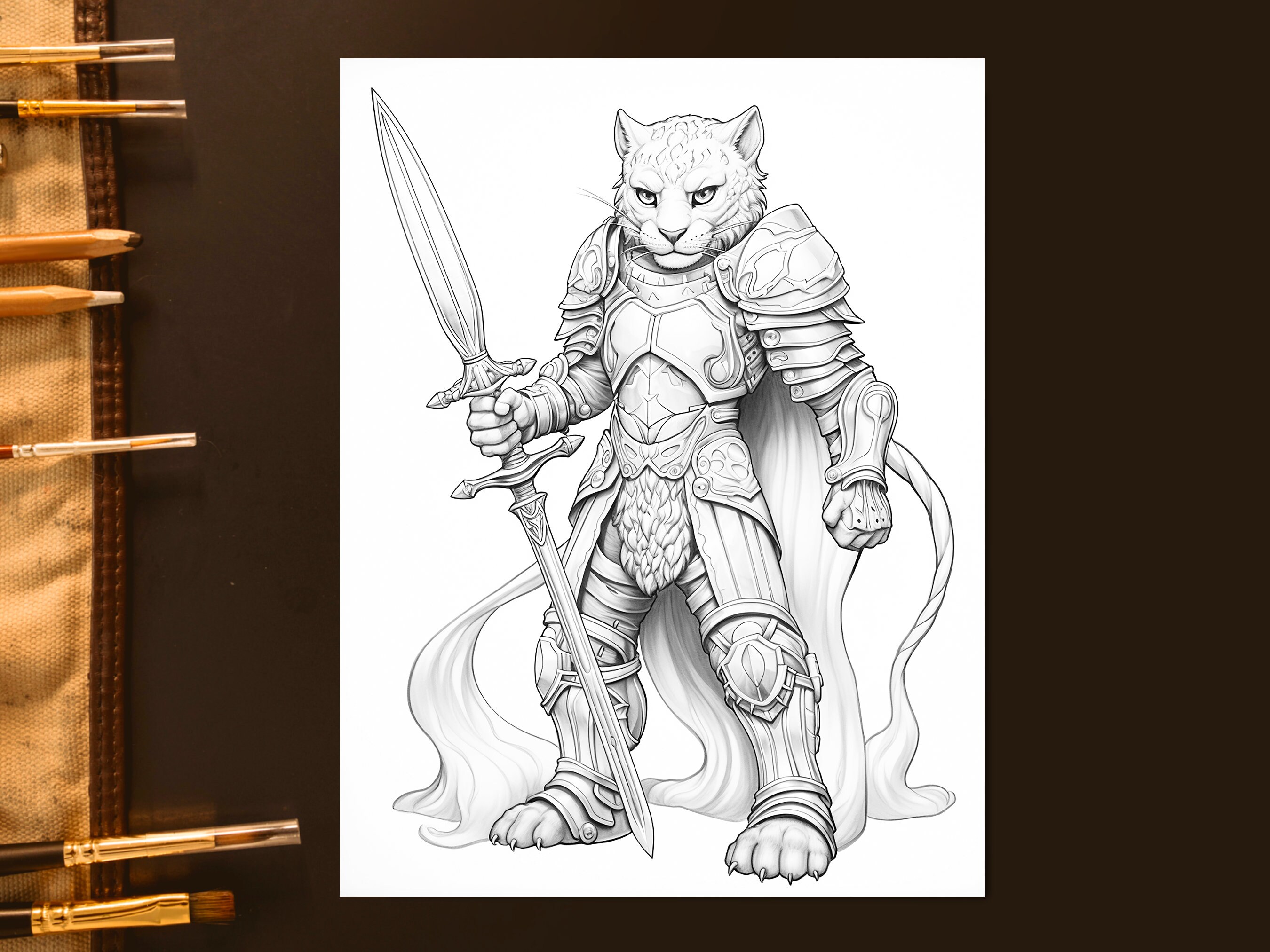 Animal Knights Adult Coloring Pages, Whimsical Grayscale Coloring Book ...