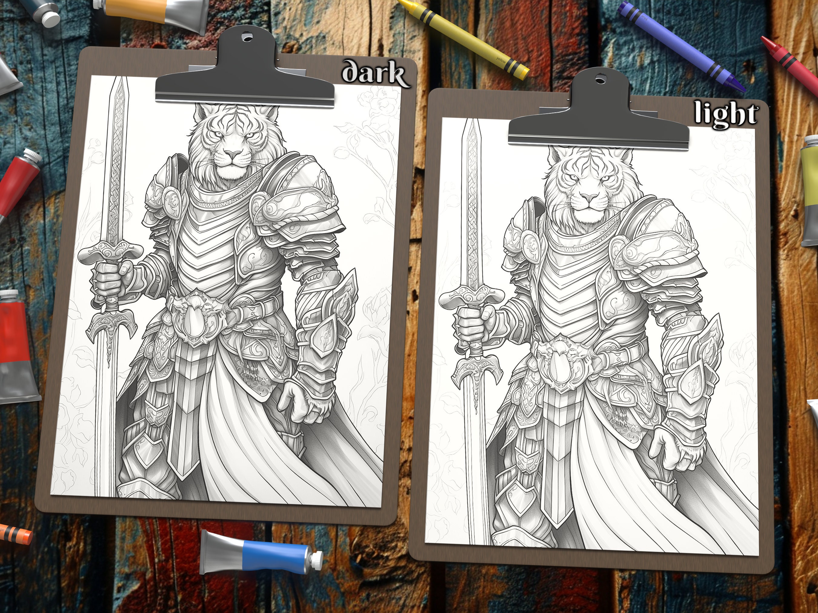 Animal Knights Adult Coloring Pages, Whimsical Grayscale Coloring Book ...