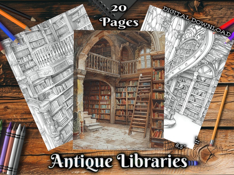 Antique Libraries Adult Coloring Pages, Medieval Rooms Grayscale ...