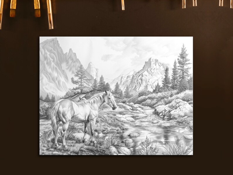 Majestic Horses Adult Coloring Pages, Animal Landscapes Grayscale ...