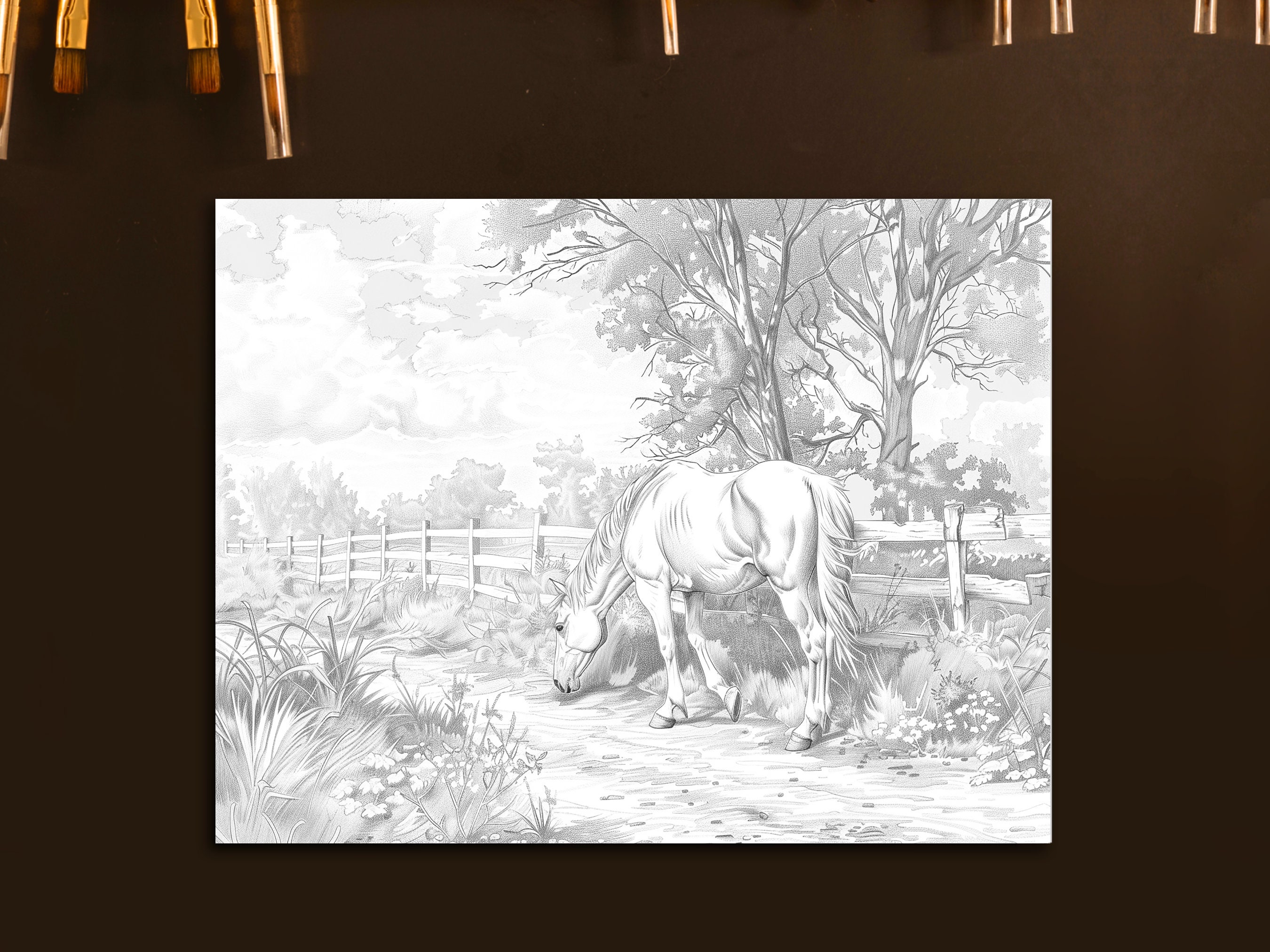 Majestic Horses Adult Coloring Pages, Animal Landscapes Grayscale ...