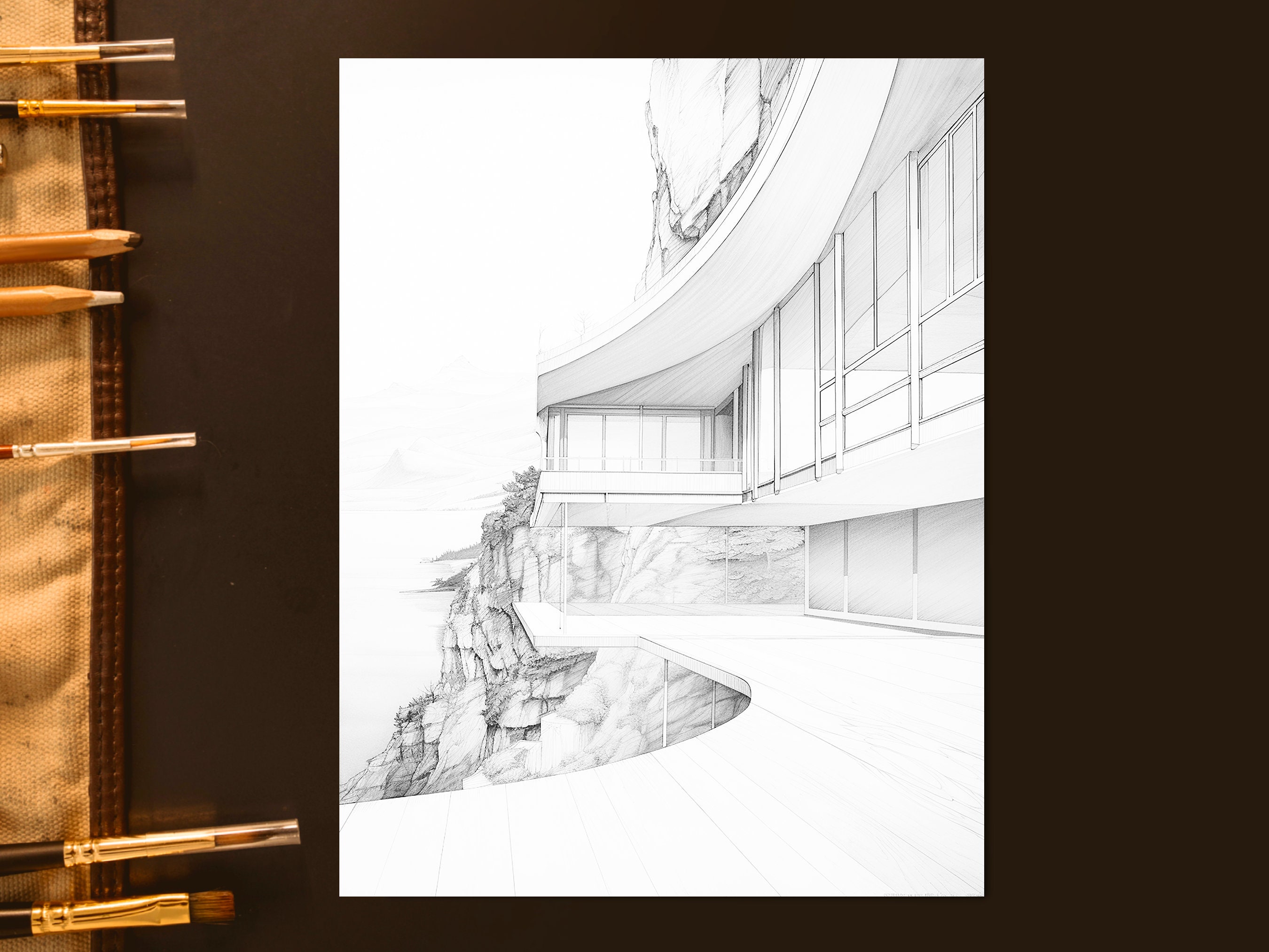 Modern Cliff Houses Adult Coloring Pages, Nature Landscape Grayscale ...