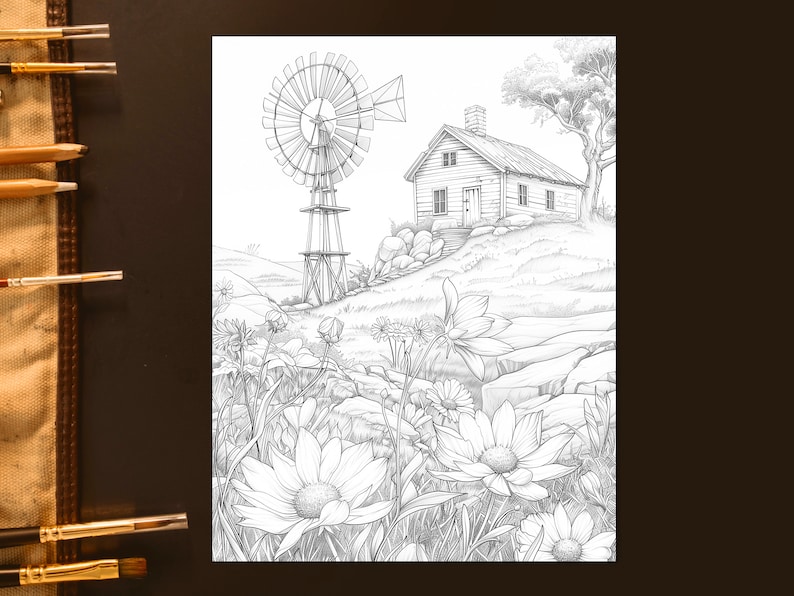 Country Life Adult Coloring Pages, Nature Landscapes Grayscale Coloring ...