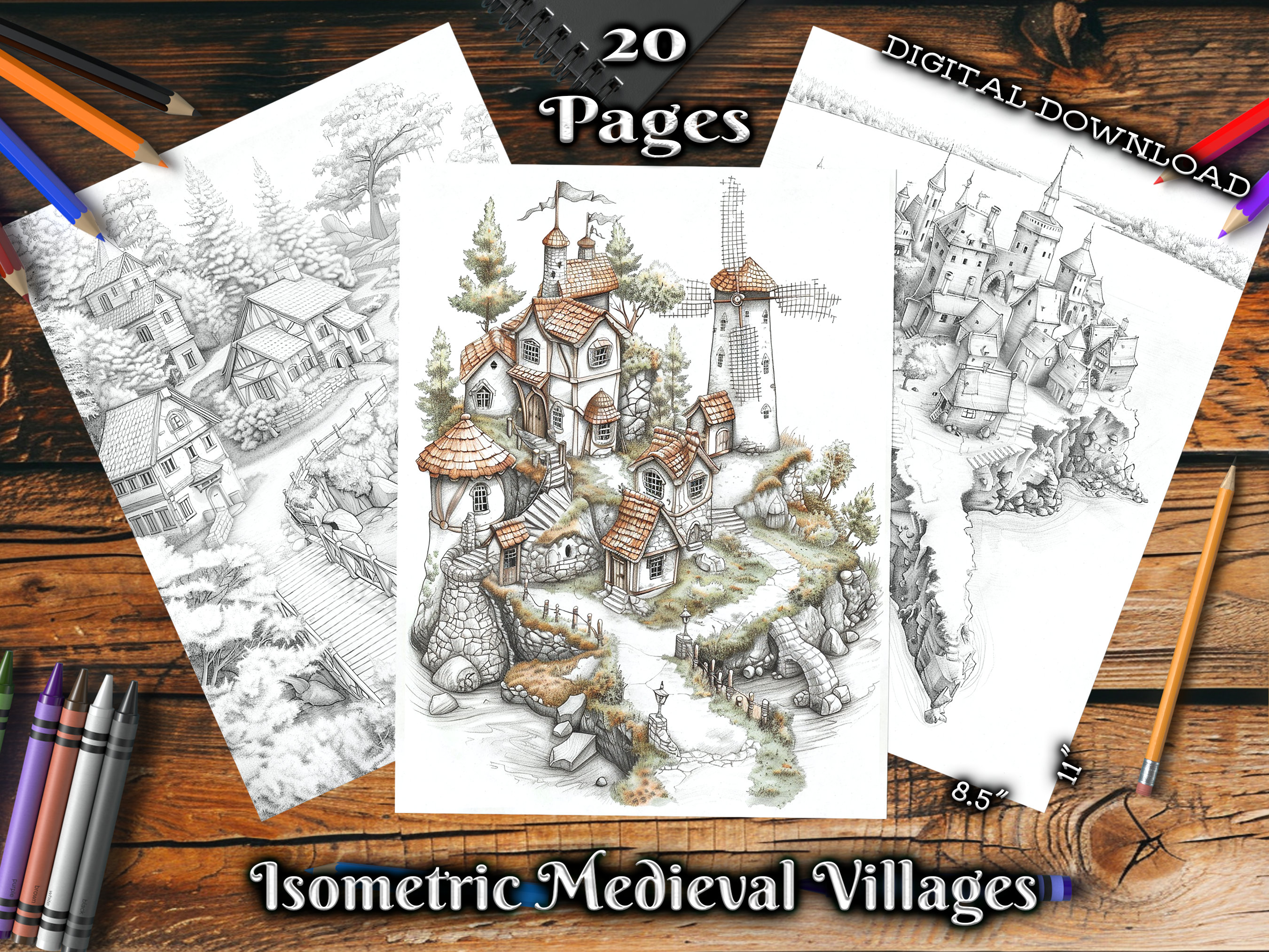 Isometric Medieval Villages Adult Grayscale Coloring Pages Top View ...
