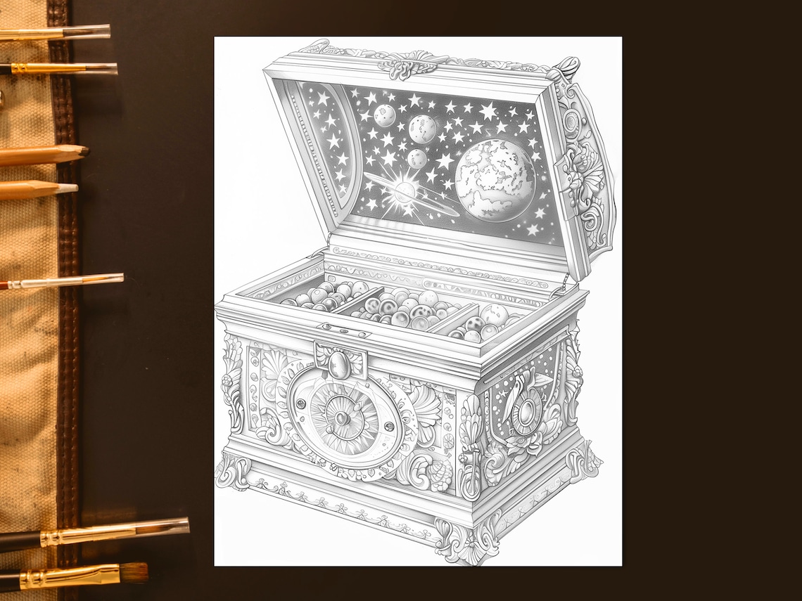 Whimsical Treasure Chests Adult Coloring Pages, Magical Worlds and ...