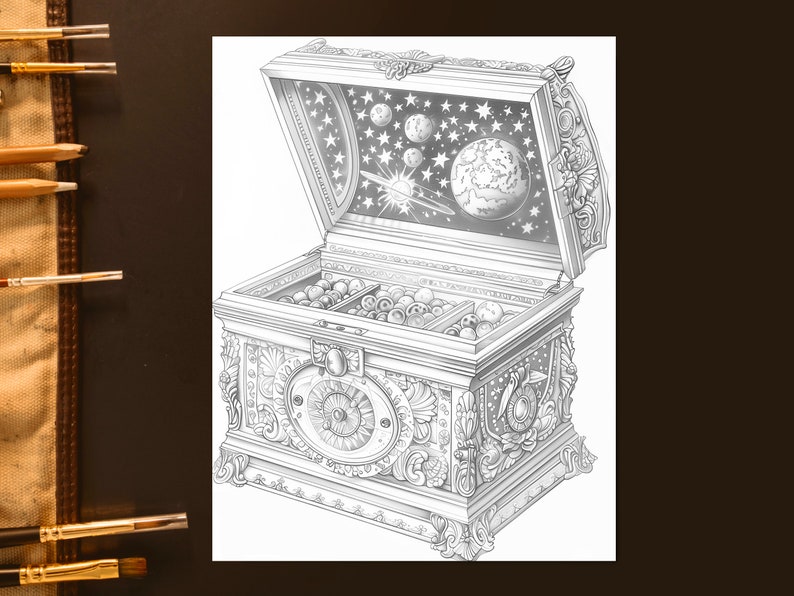 Whimsical Treasure Chests Adult Coloring Pages, Magical Worlds and ...