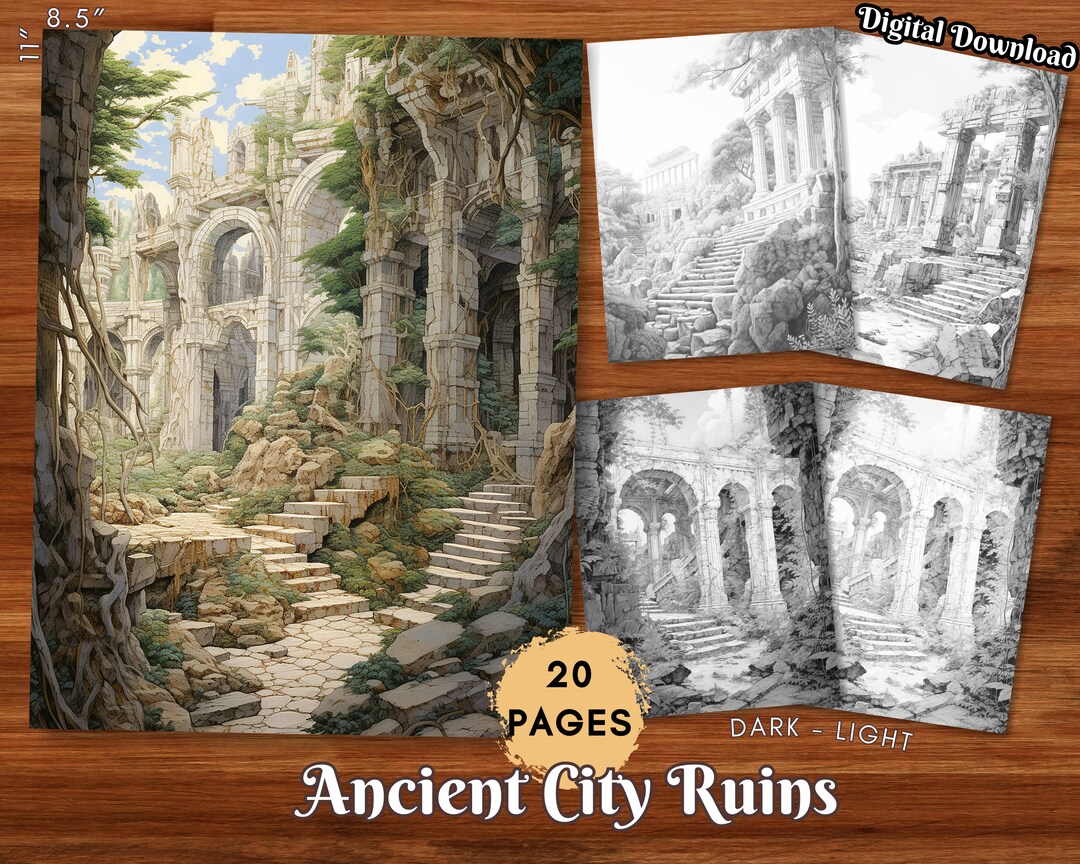Ancient City Ruins Adult Coloring Book Lost Civilization Grayscale ...
