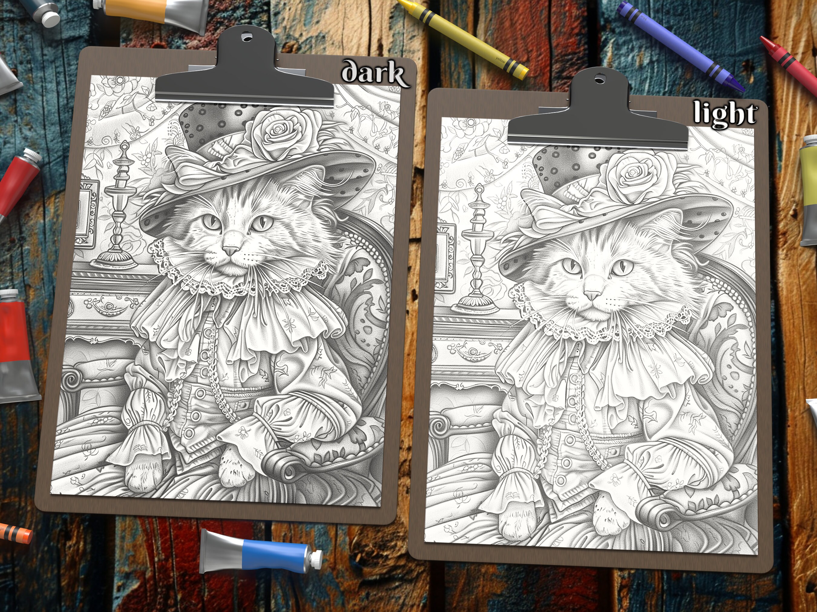 Victorian Cats Coloring Pages, Grayscale Whimsical Animal Portraits ...